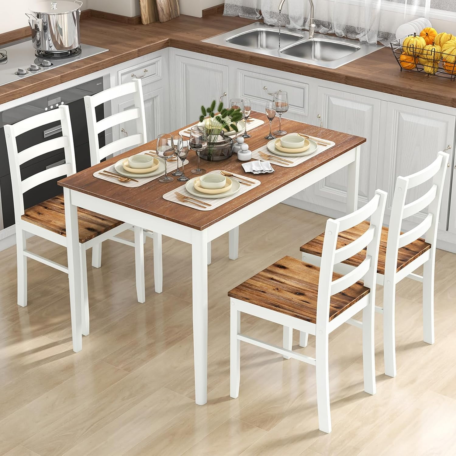 Jumpeak Dining Table Set for 4, Solid Wood, Farmhouse Dinette Set w ...