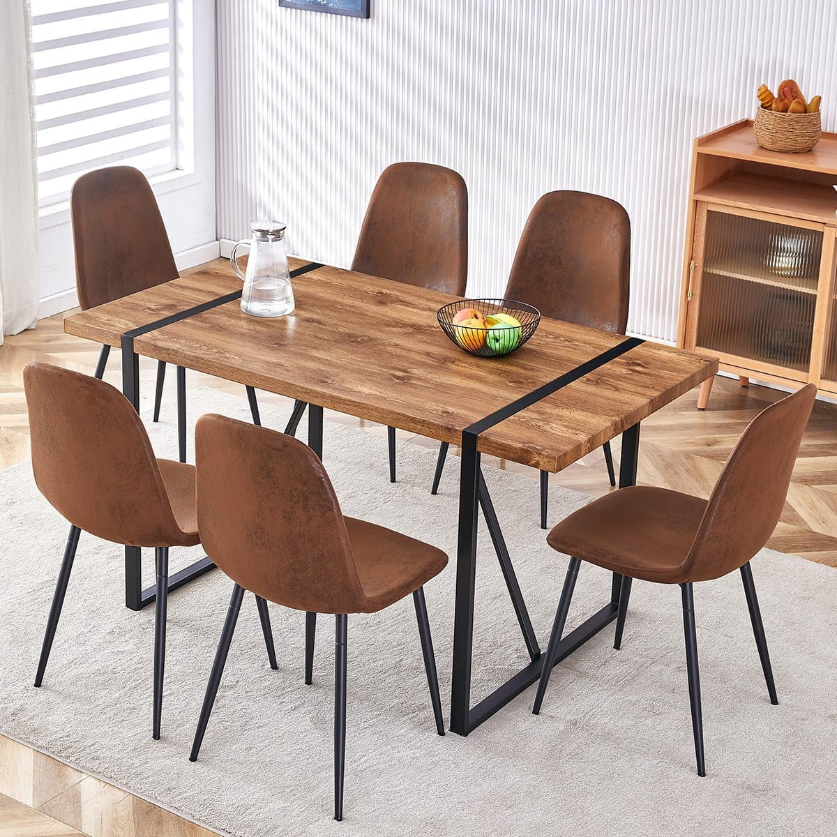 Jumpeak Dining Table Set for 6, Modern 55'' Dark Wood Dining Table and ...