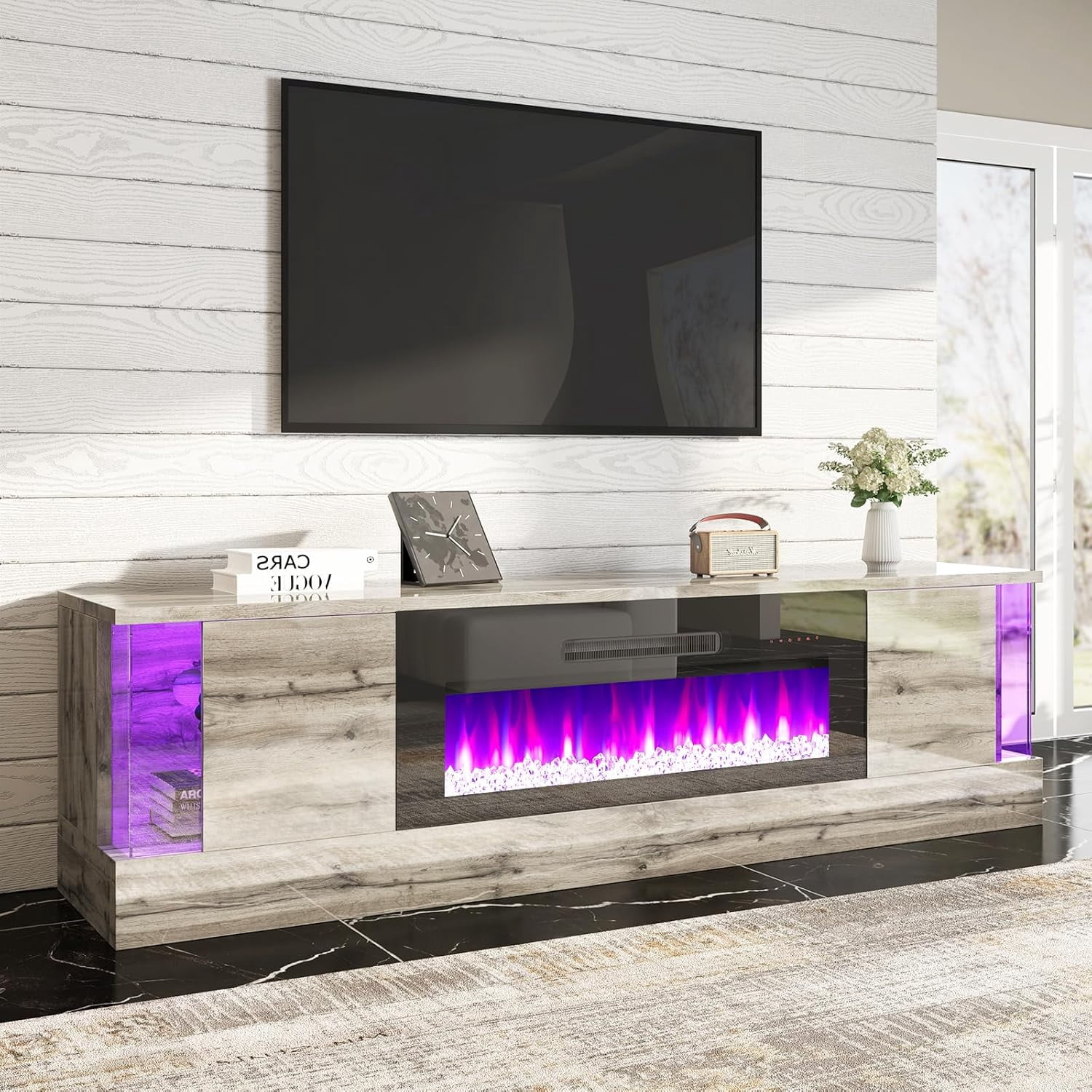 Jumpeak Glossy Oak Fireplace TV Stand with 36" Fireplace, 70" LED ...