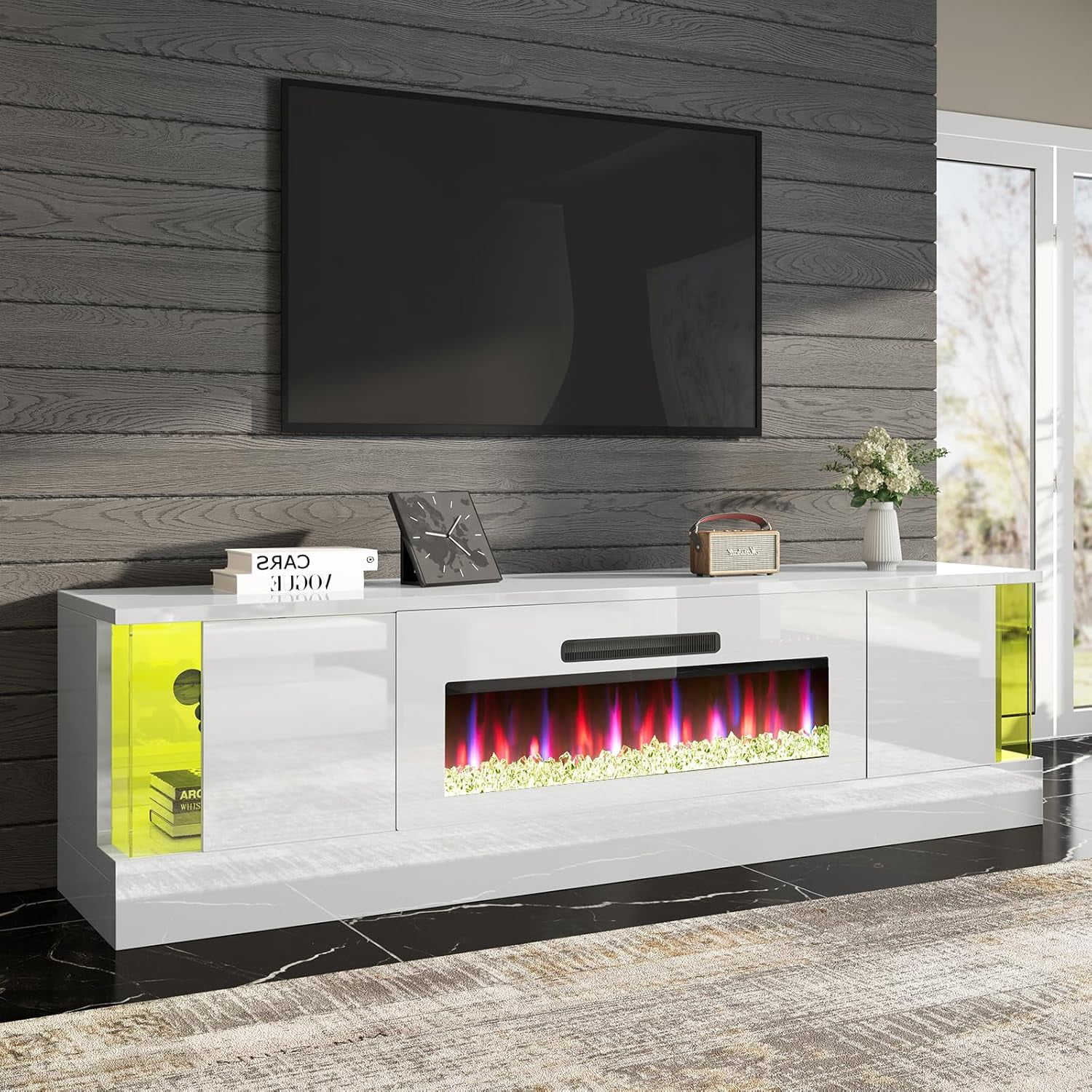 Jumpeak High Gloss Fireplace TV Stand with 36" Fireplace, 70" LED ...