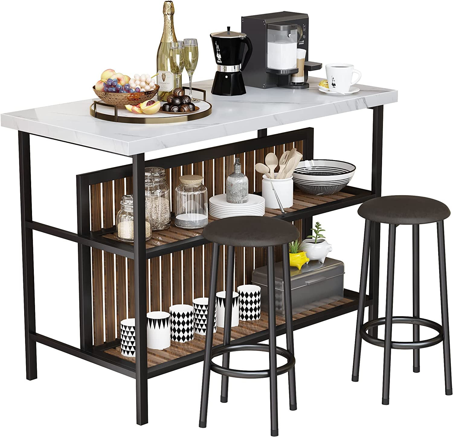 Jumpeak Kitchen Island with Stools & Storage, Modern Dining Table Set ...