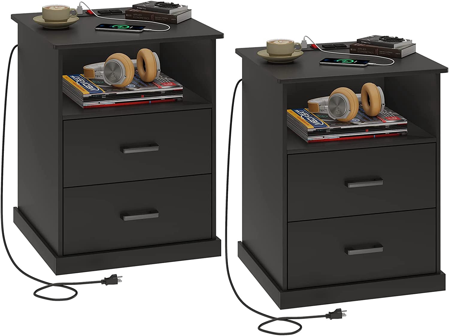 Jumpeak Night Stand Set of 2 with Charging Station, Large Nightstands ...