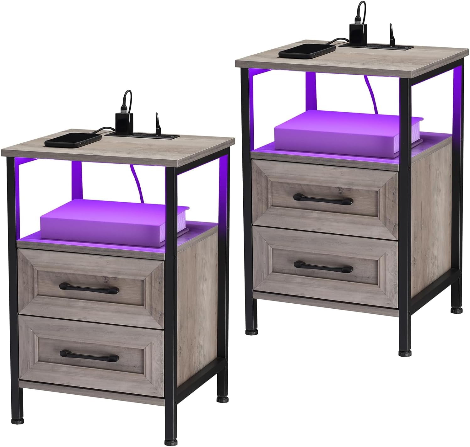 Jumpeak Nightstands Set of 2,Nightstand with Charging Station and RGB ...