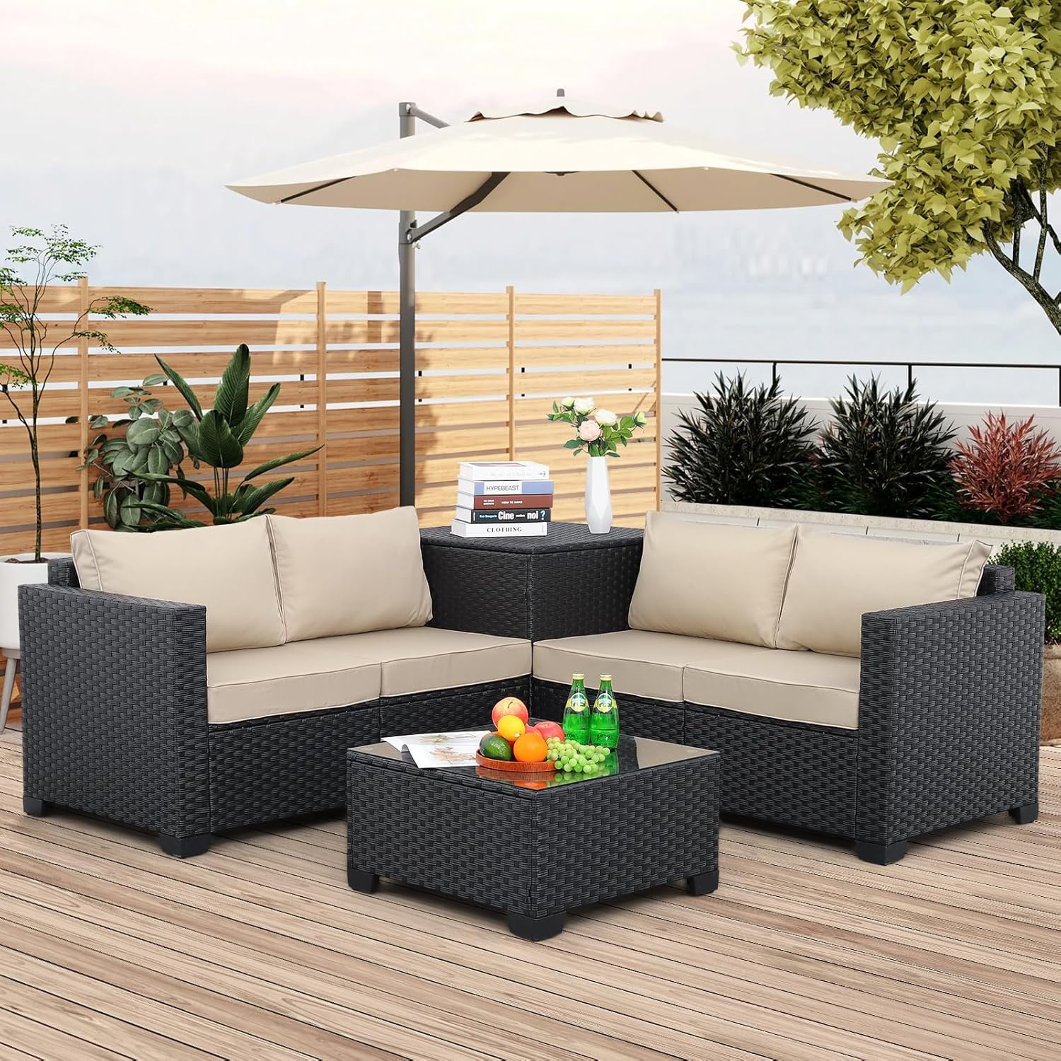 Jumpeak Outdoor PE Wicker Patio Furniture Set 4 Piece Black Rattan ...