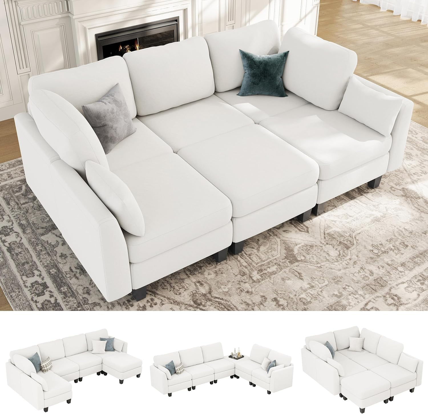 Jumpeak Sectional Sleeper Sofa, 6 Seaters White Modular Sleeper Sofa ...