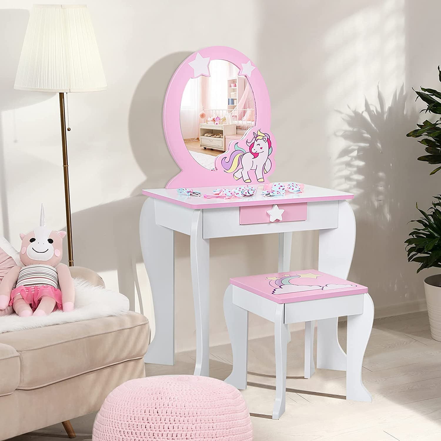 Jumpeak Unicorn Kids Vanity, Toddler Makeup Table with Mirror and Stool ...