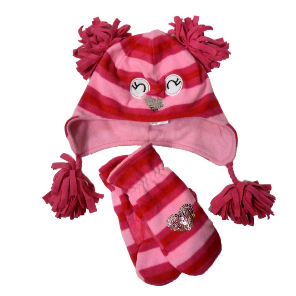 Jumping Beans Girls Striped Pink Fleece Hat Mittens Critter Style Owl ...