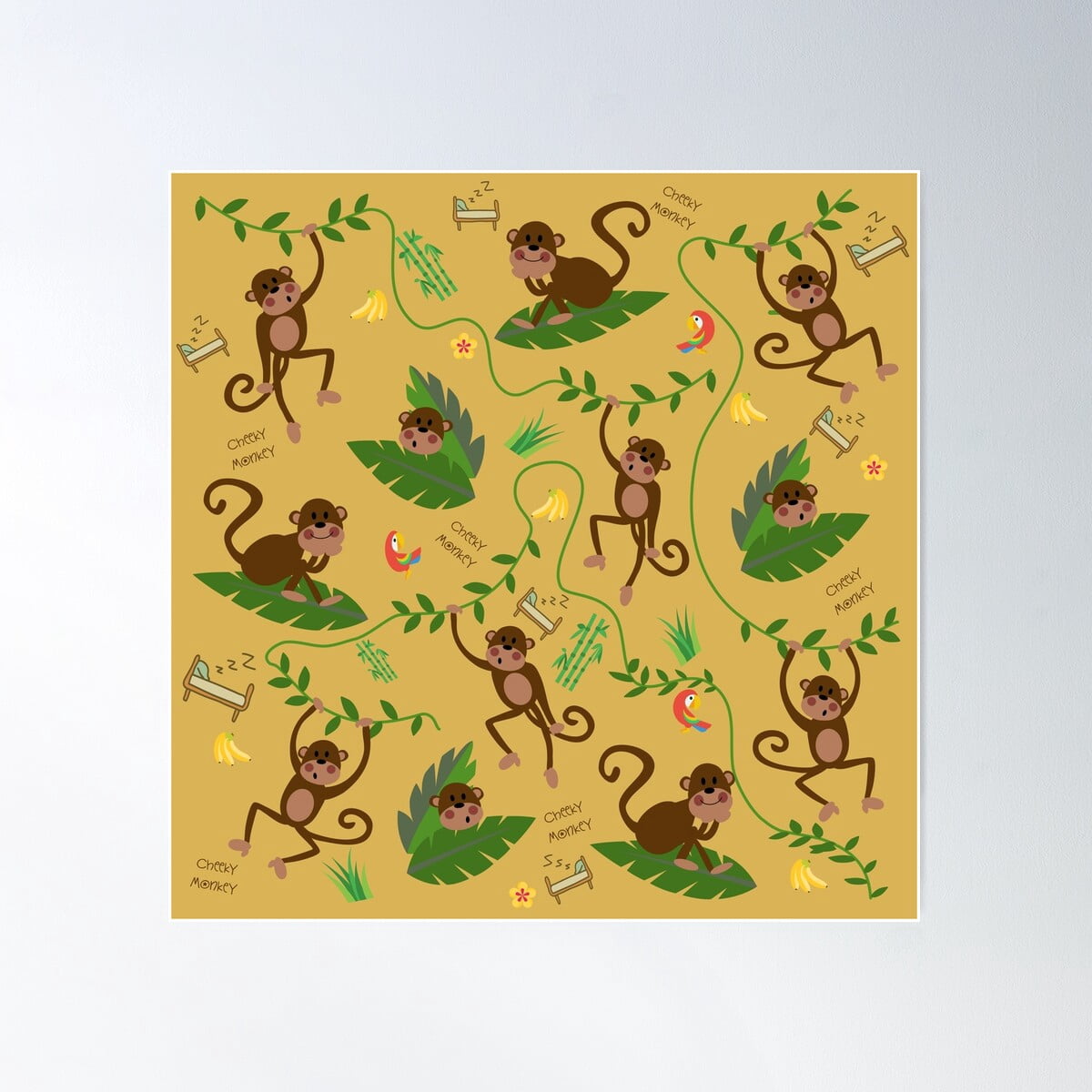 Jumping Cheeky Monkeys Yellow 03 Poster Wall Art, Modern Wall Decor For ...