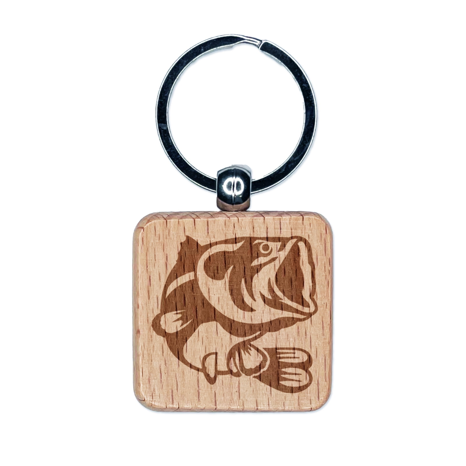 Jumping Largemouth Bass Fish Square Keychain Charm Tag - Engraved Wood ...