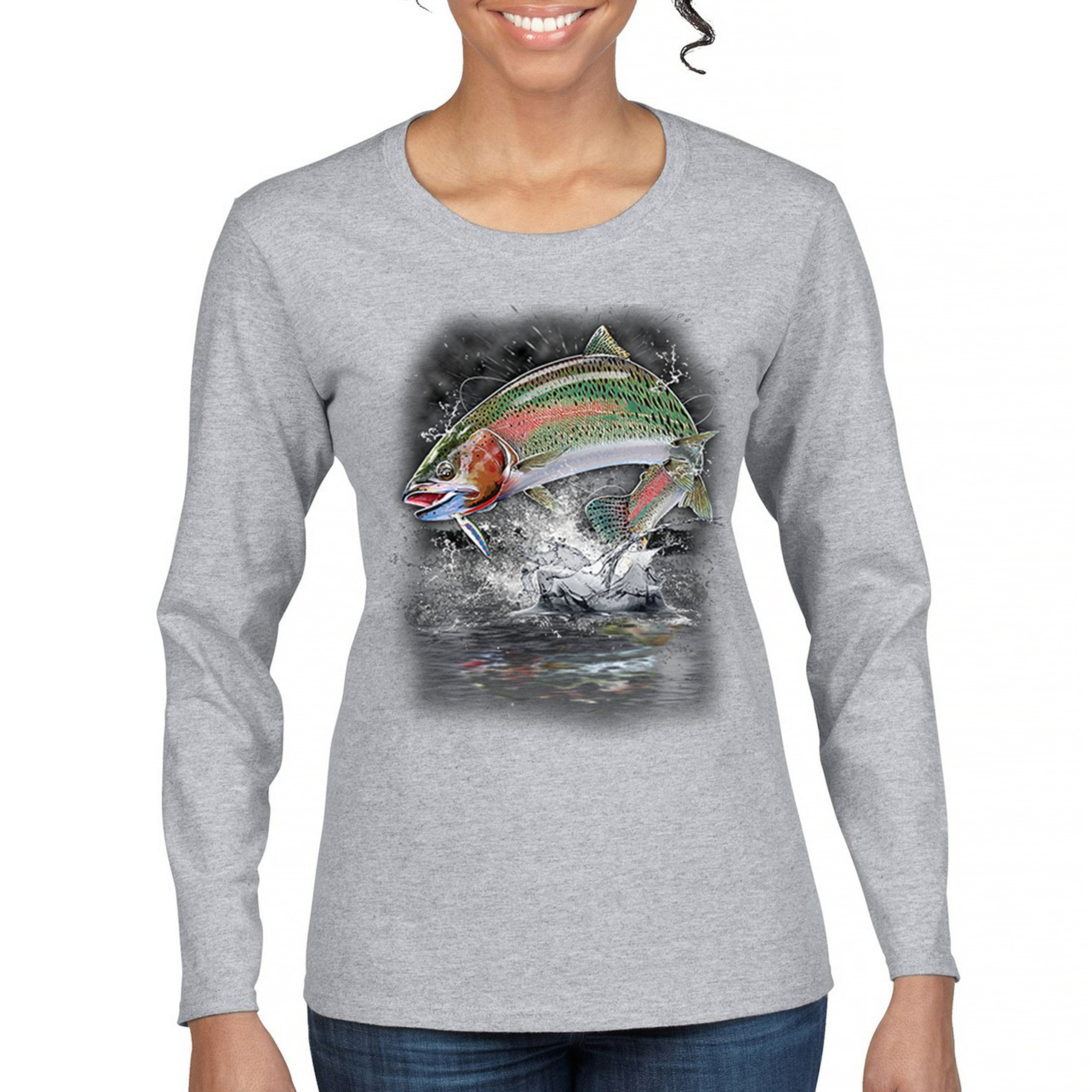 Jumping Rainbow Trout Women's Long Sleeve T-shirt Freshwater Fish Fly ...
