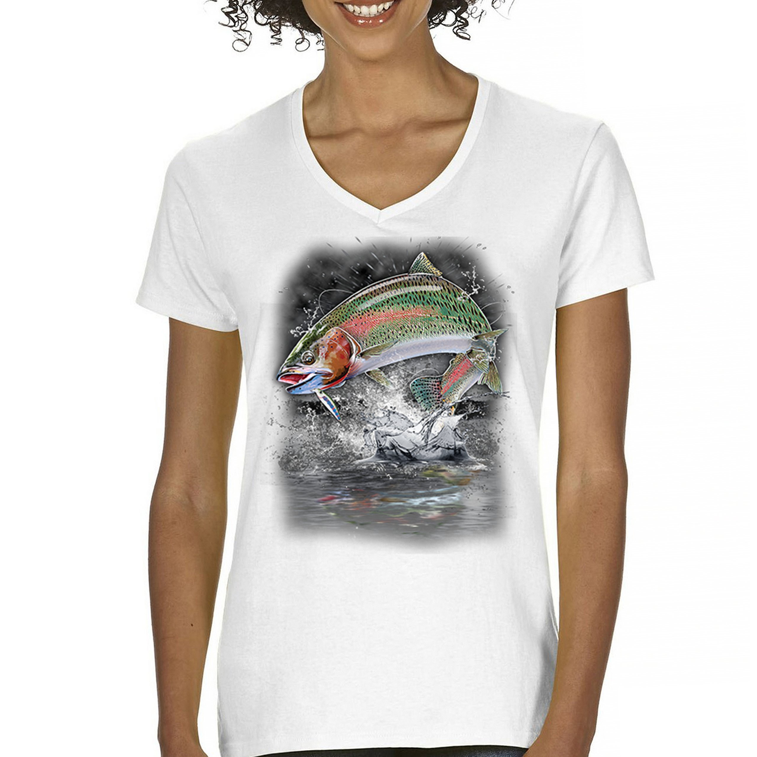 Jumping Rainbow Trout Women's V-Neck T-shirt Freshwater Fish Fly ...
