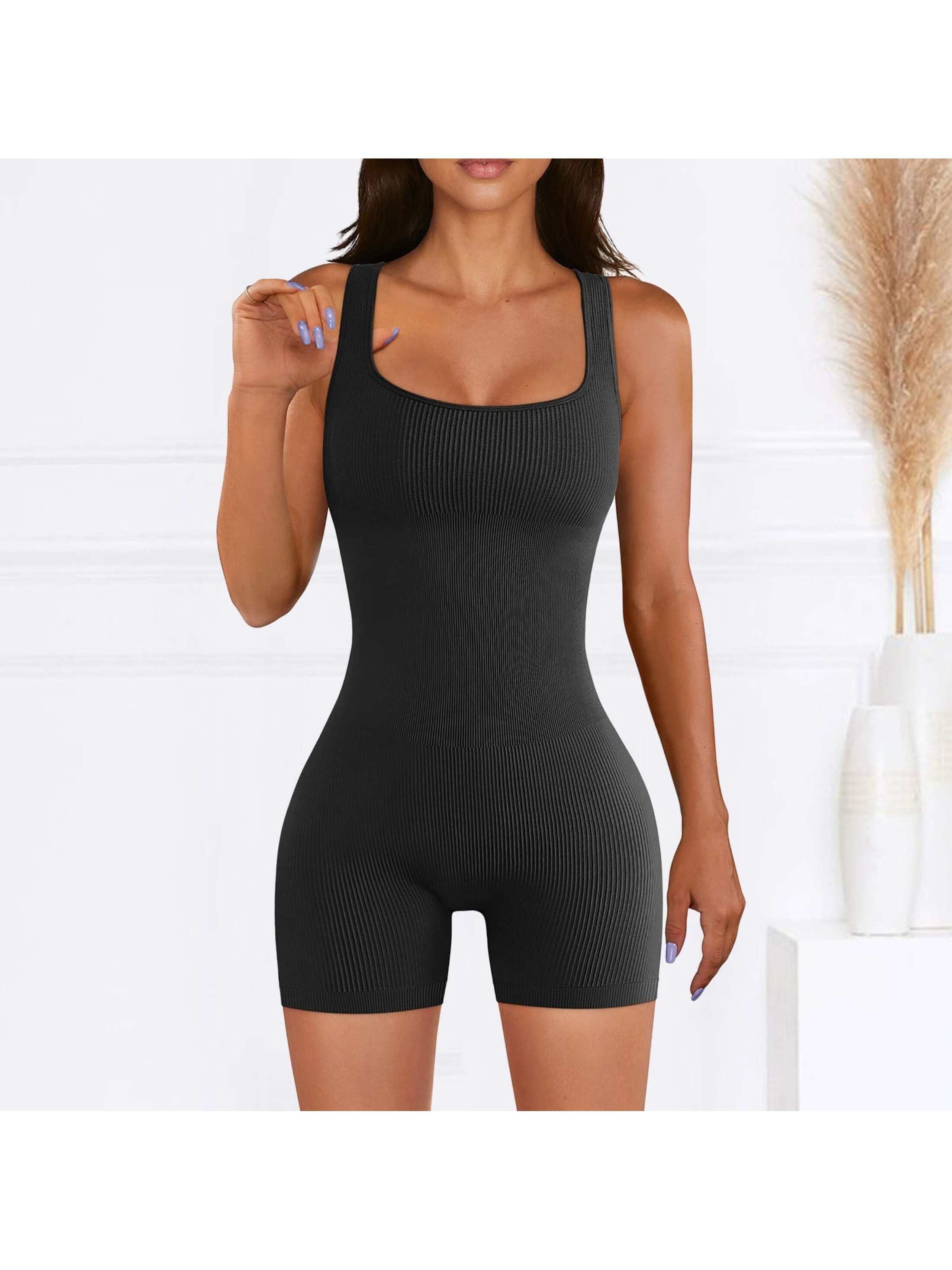 Jumpsuit For Women Sleeveless Yoga Romper Workout Ribbed Square Neck ...