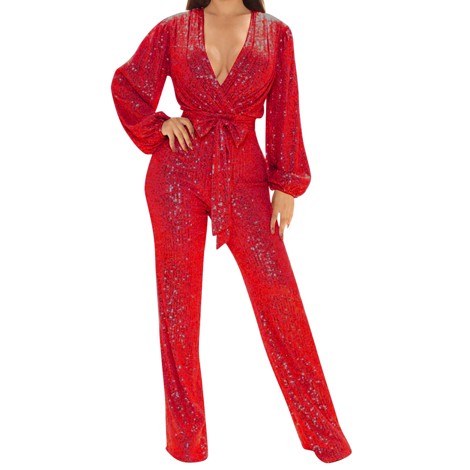Jumpsuit for Women V Neck Lantern Sleeve Romper Sequin Glitter Playsuit ...