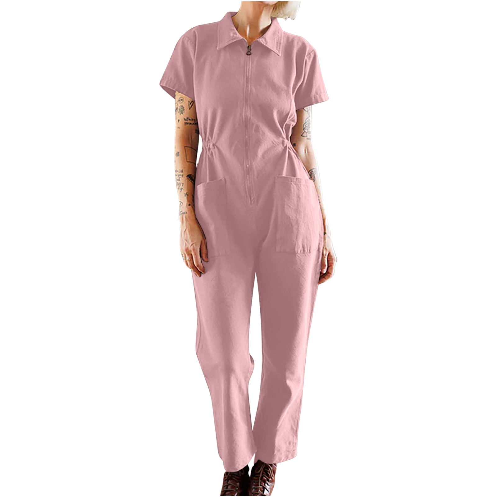 Jumpsuit for Women Wide Leg Floral Rompers Short Sleeve Zip Up Romper ...