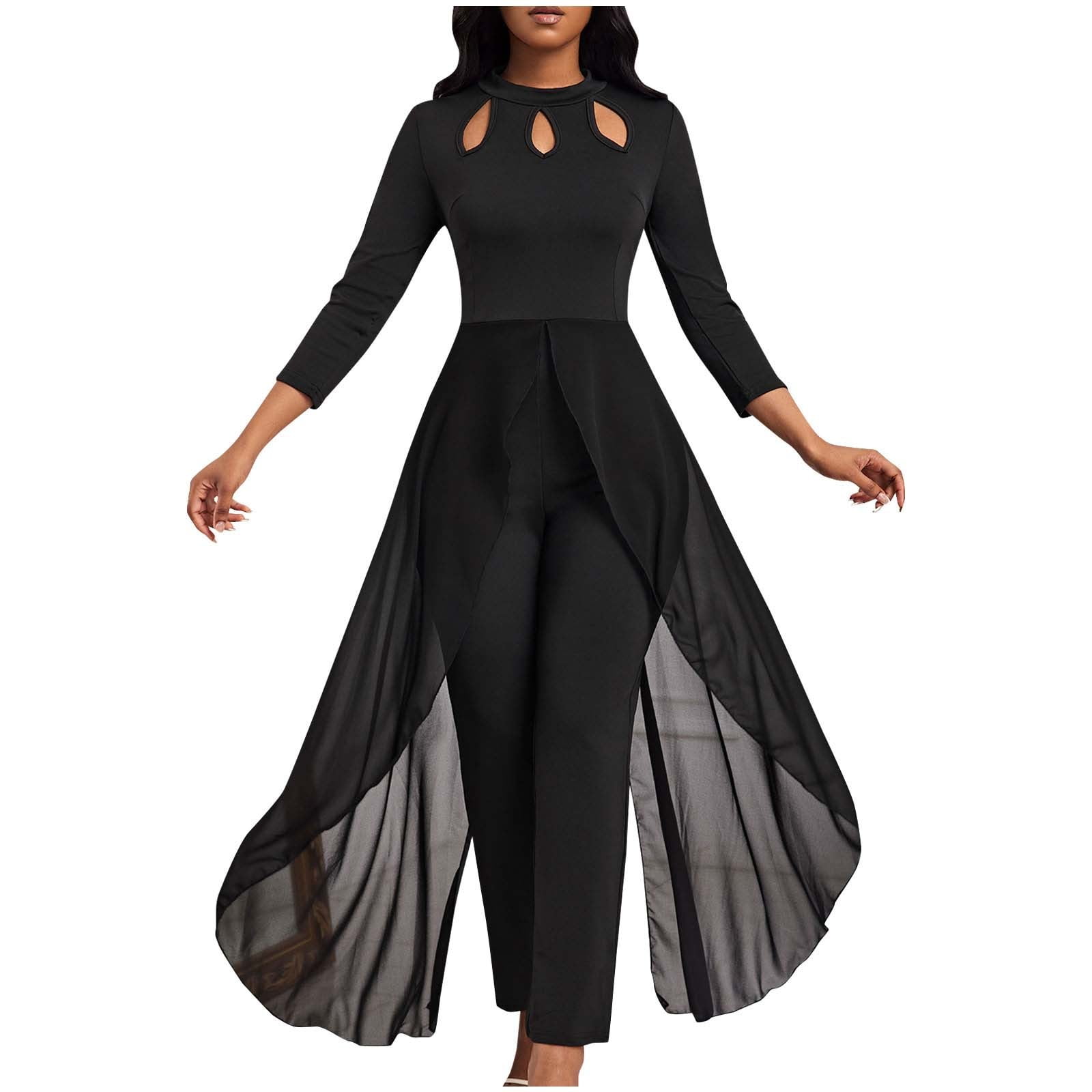 Jumpsuit for Women Dressy Cutout Crepe Overlay Long Sleeve Elegant ...