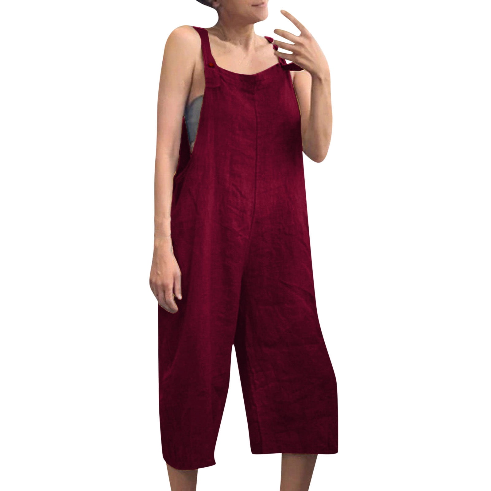Jumpsuits For Women Casual Solid Cotton Linen Overalls Pocket ...