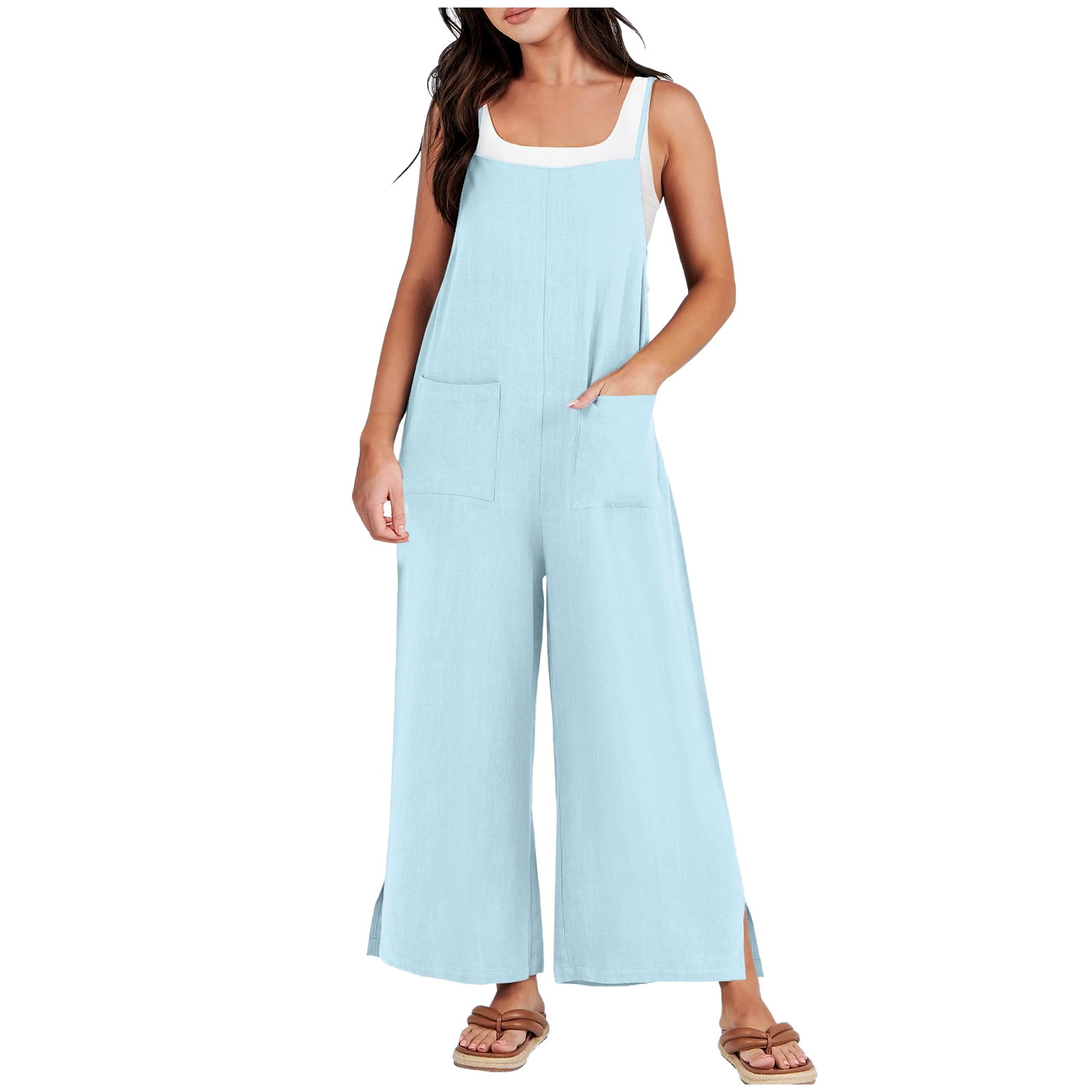 Jumpsuits Women Elegant Spaghetti Straps Cotton Linen Wide Leg ...