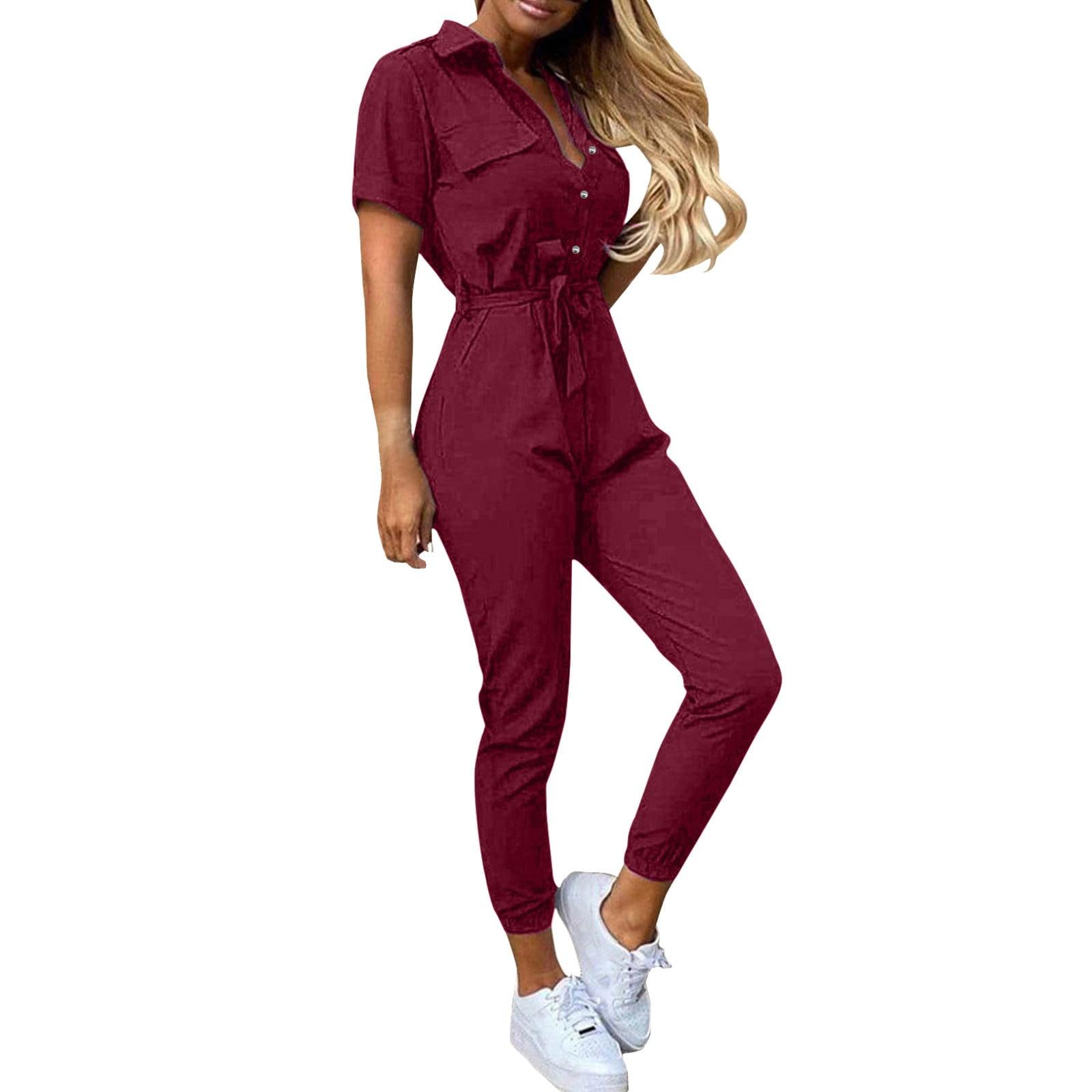 Jumpsuits For Women Summer Casual Short Sleeve Lapel Button Down Belt ...