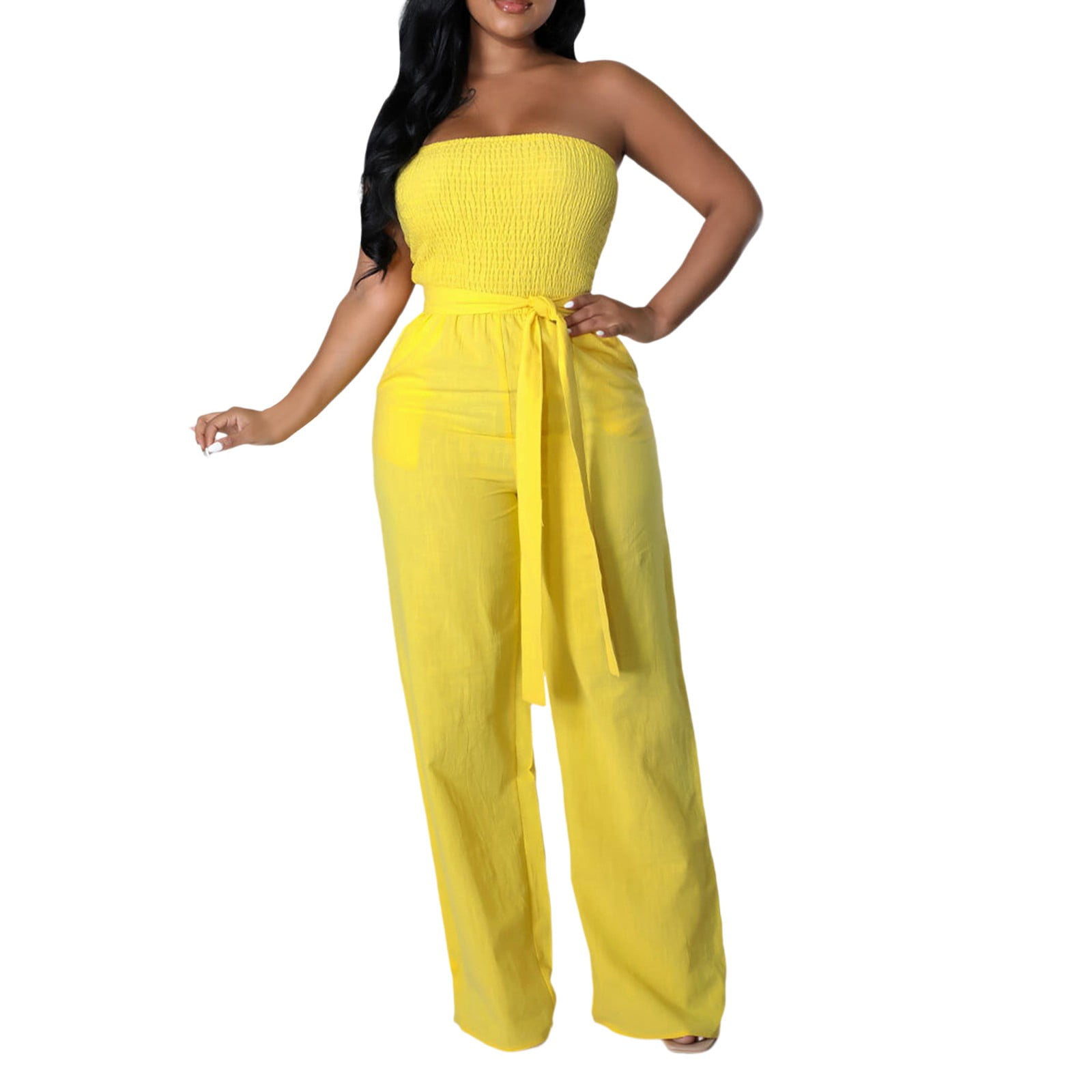 Jumpsuits For Womenwomens Casual Off Shoulder Smocked Solid Color Strapless Belted Wide Leg