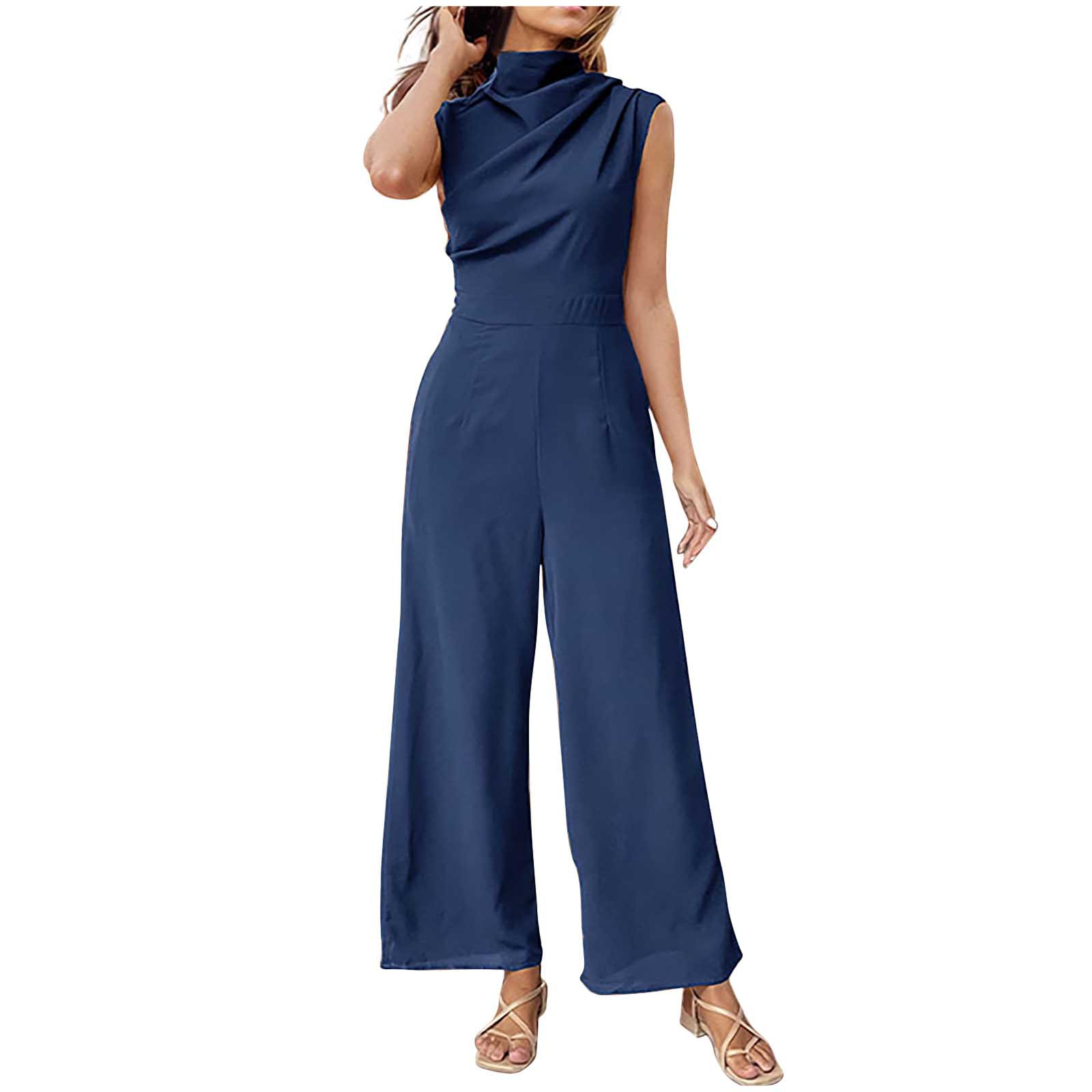 Jumpsuits for Women Dressy Casual Solid Color Pleated Mock Neck ...