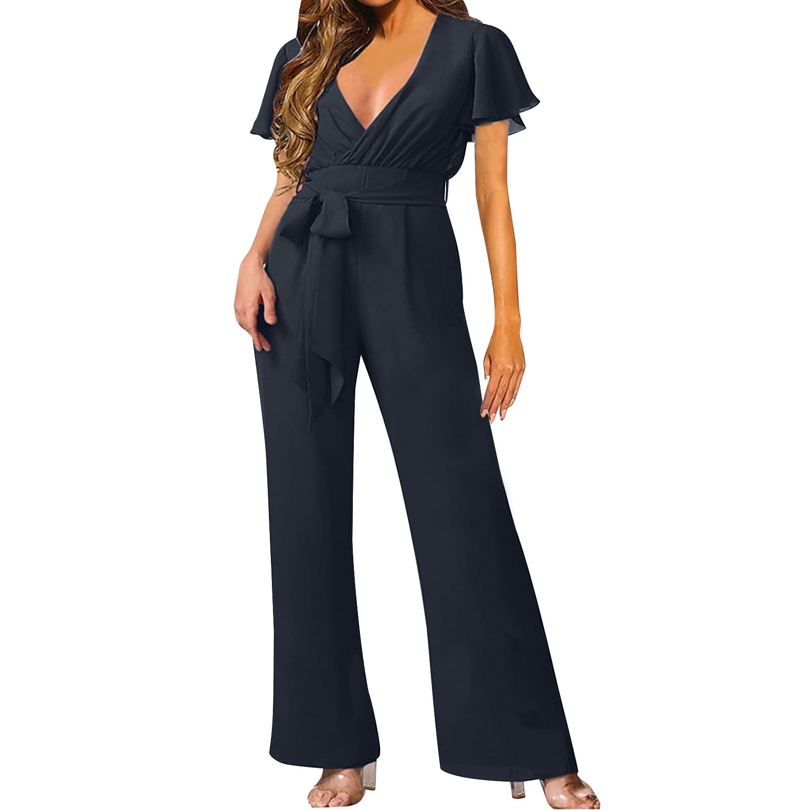 Jumpsuits for Women Dressy Elegant V Neck Belted Waist Wide Leg Romper ...