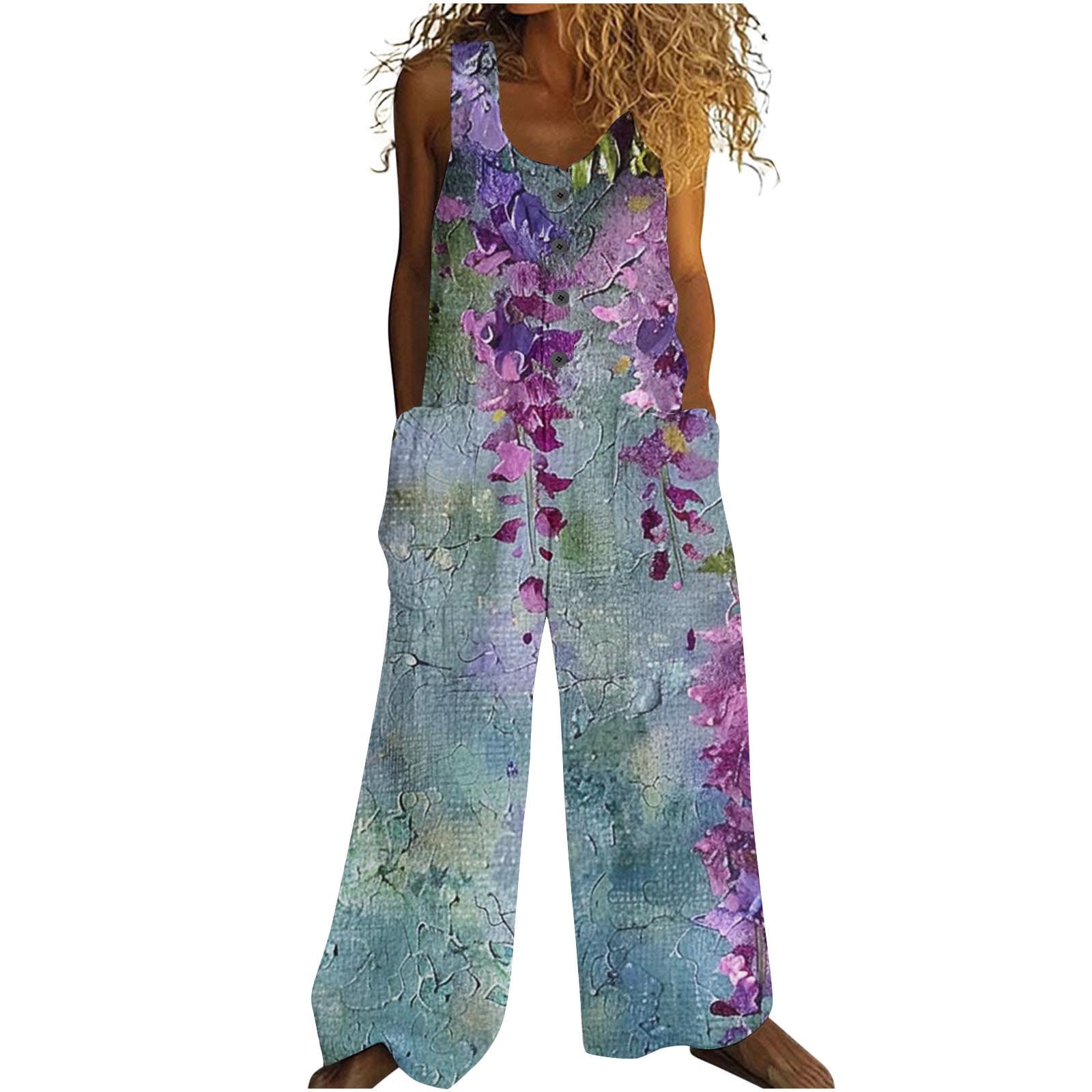 Jumpsuits for Women Summer Sleeveless Floral Print Button Wide Leg ...