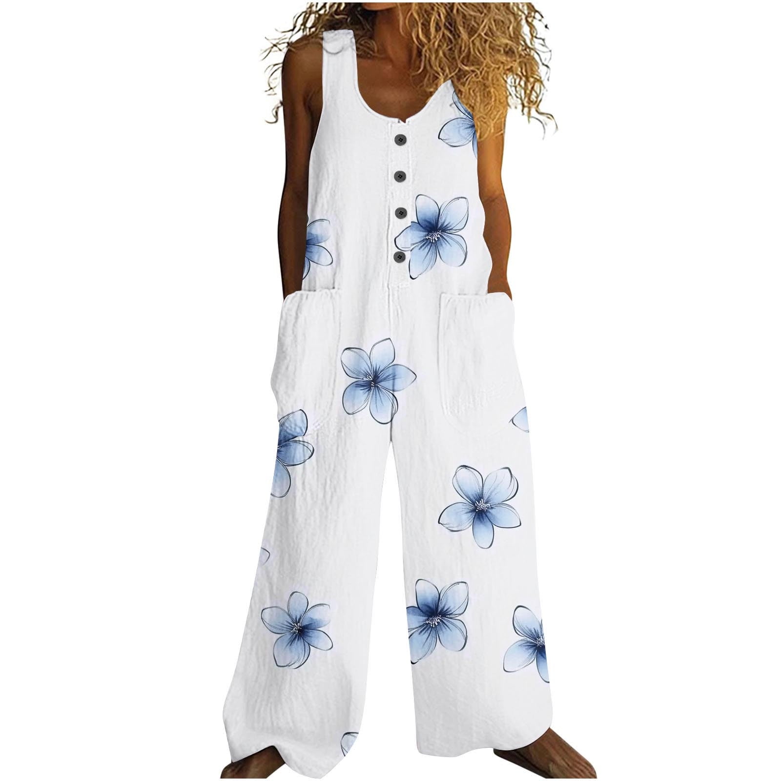 Jumpsuits for Women Summer Sleeveless Floral Print Button Wide Leg ...