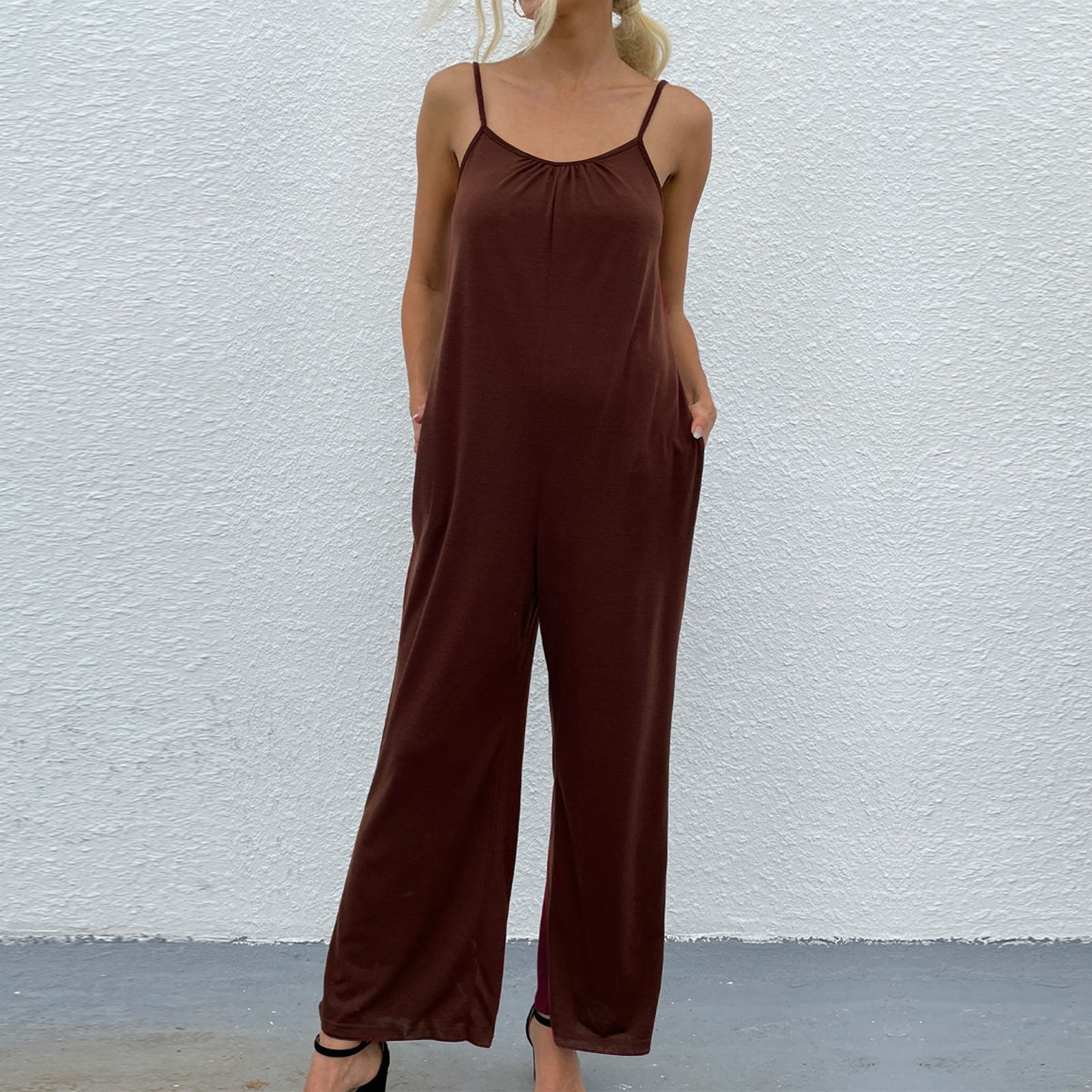 Wide Leg Loose Fit Solid Color Scoop Neck Sleeveless High Waist Rompers ...