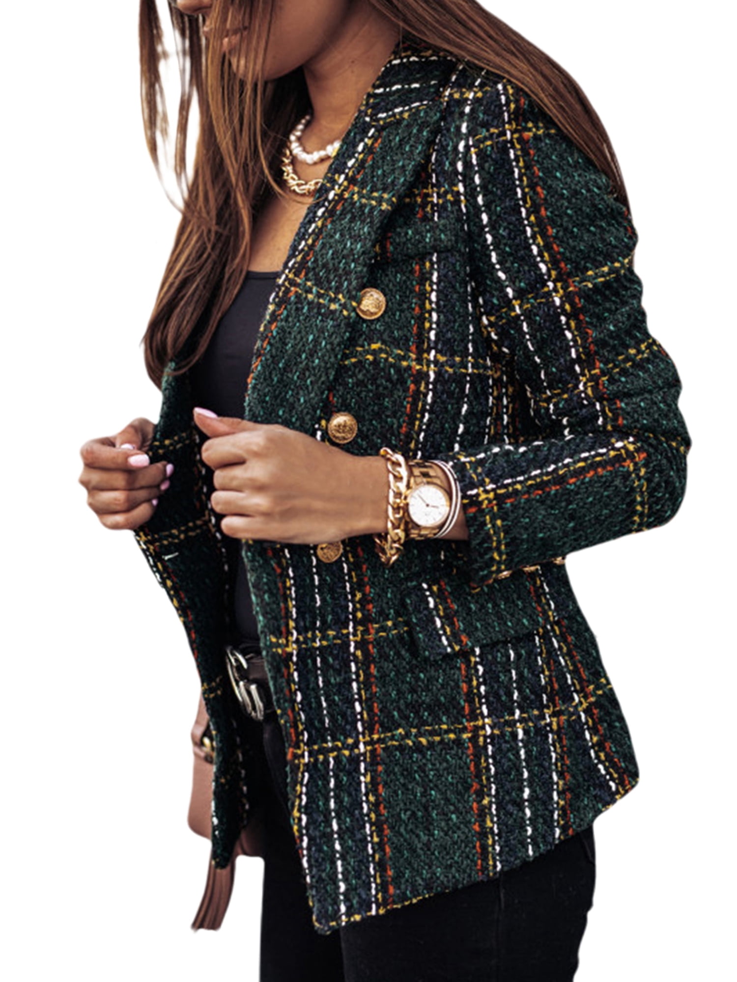 JunGang Women Skinny Suit V-Neck Lapel Double-Breasted Plaid Coat ...