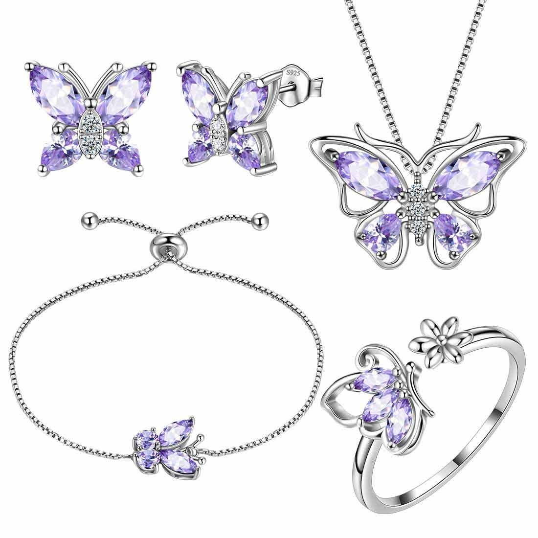 June Birthstone Jewelry Set Alexandrite Purple Butterfly Fine Necklace ...