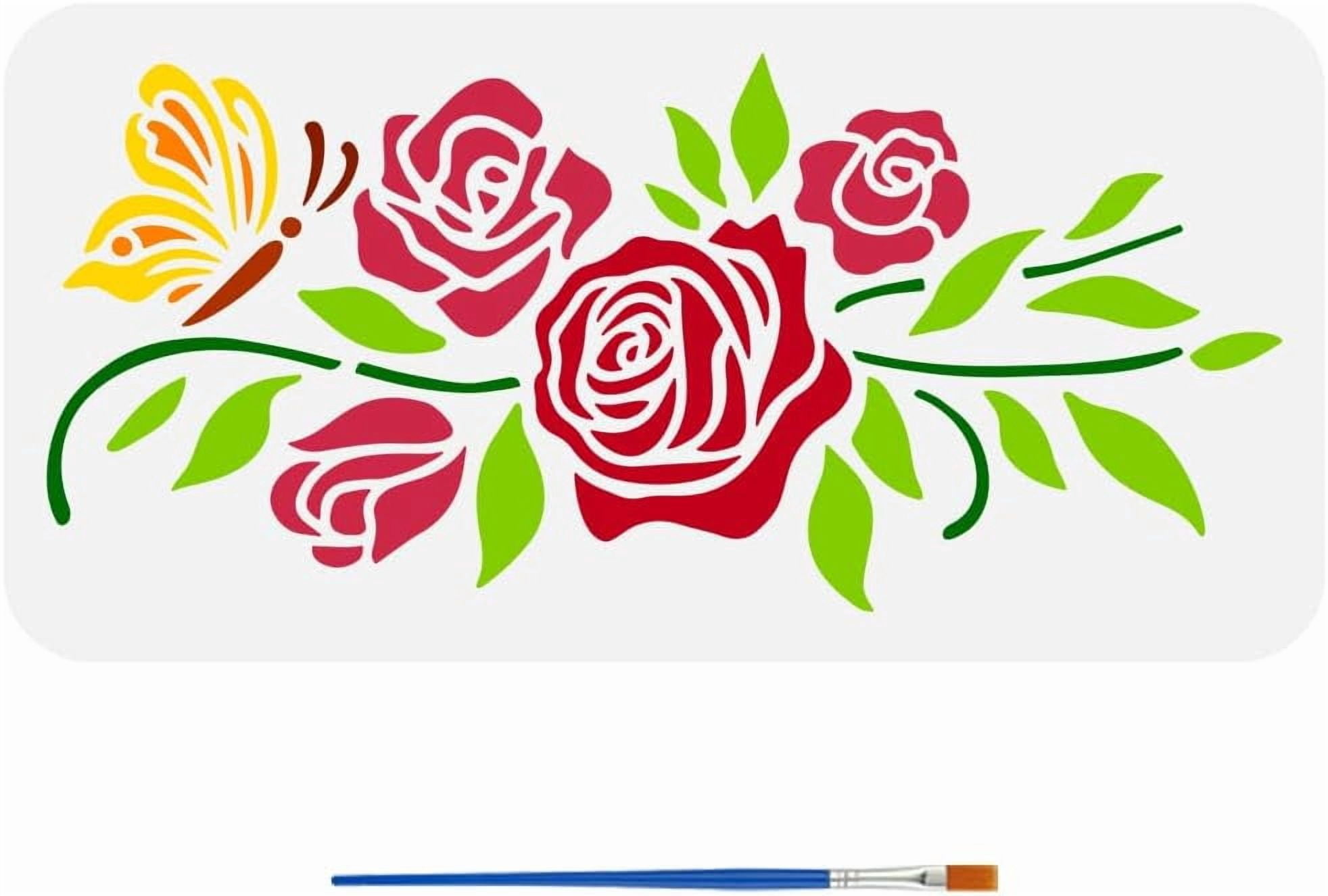 June Rose Flower Stencil with a Paint Brush 11.8x5.9inch Reusable ...