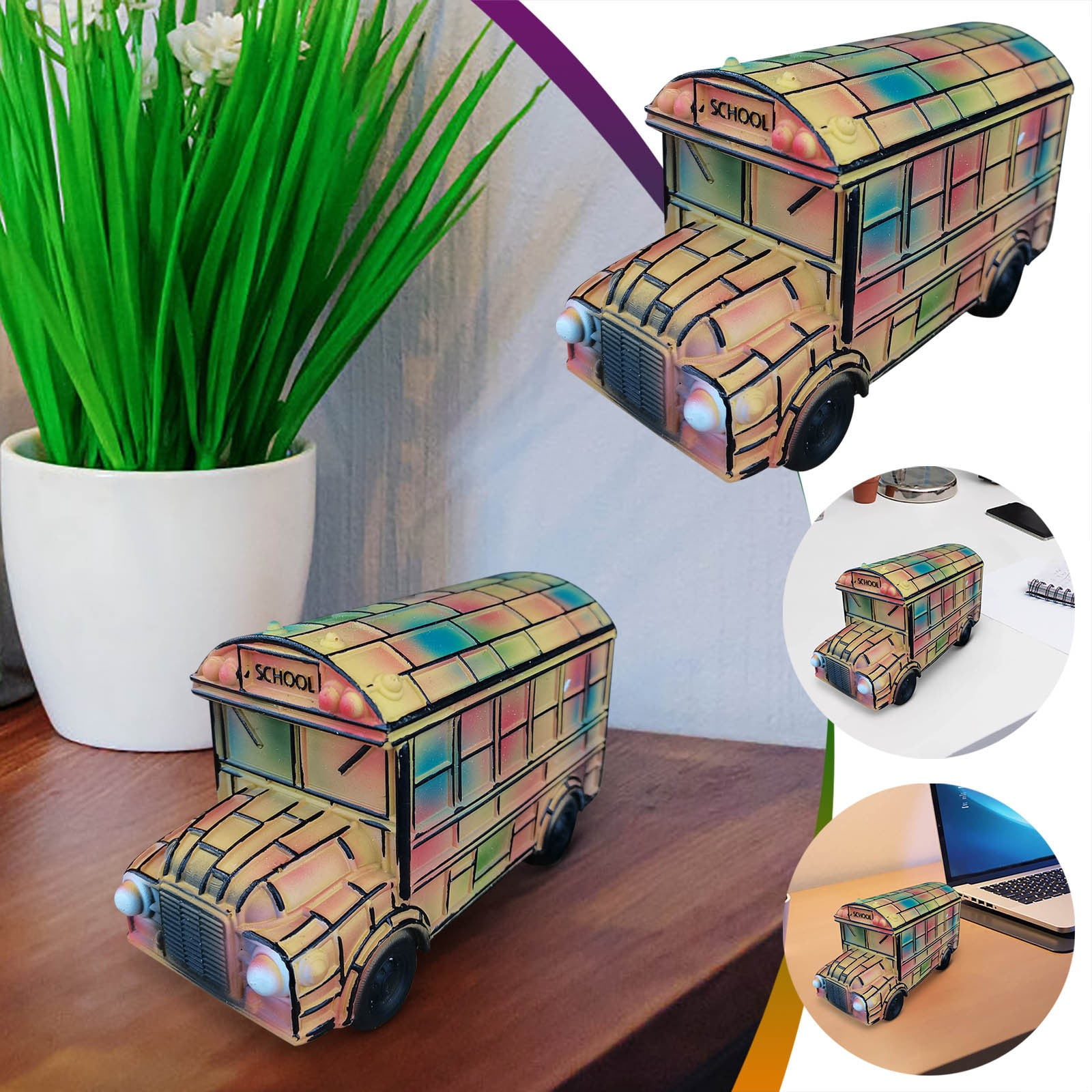 June Saving, Vintage Style Painted Resin Yellow School Bus Desk Night ...