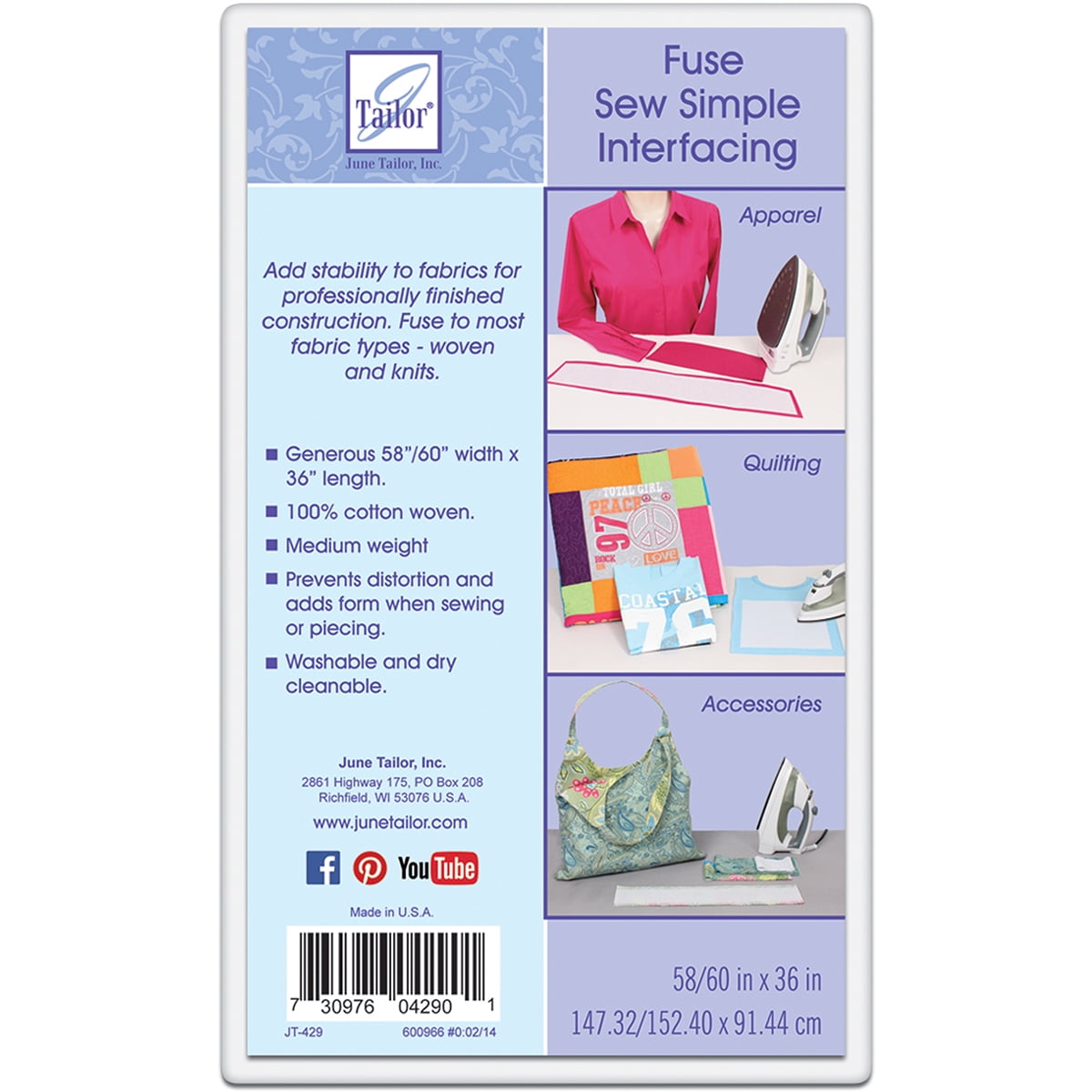 June Tailor 1 yd of 58"/60" W Fuse Sew Simple Fusible Interfacing ...