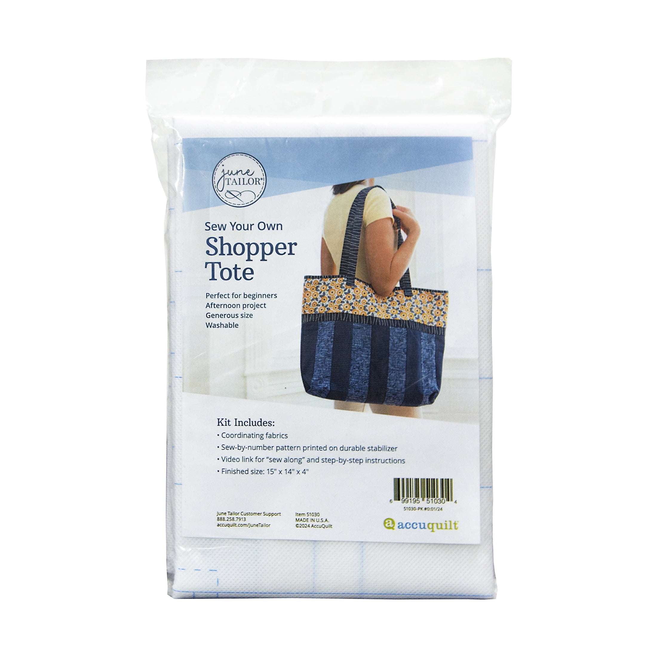 June Tailor Fabric Tote Bag Sewing Craft Kit, 15" x 14" x 4", Blue and ...