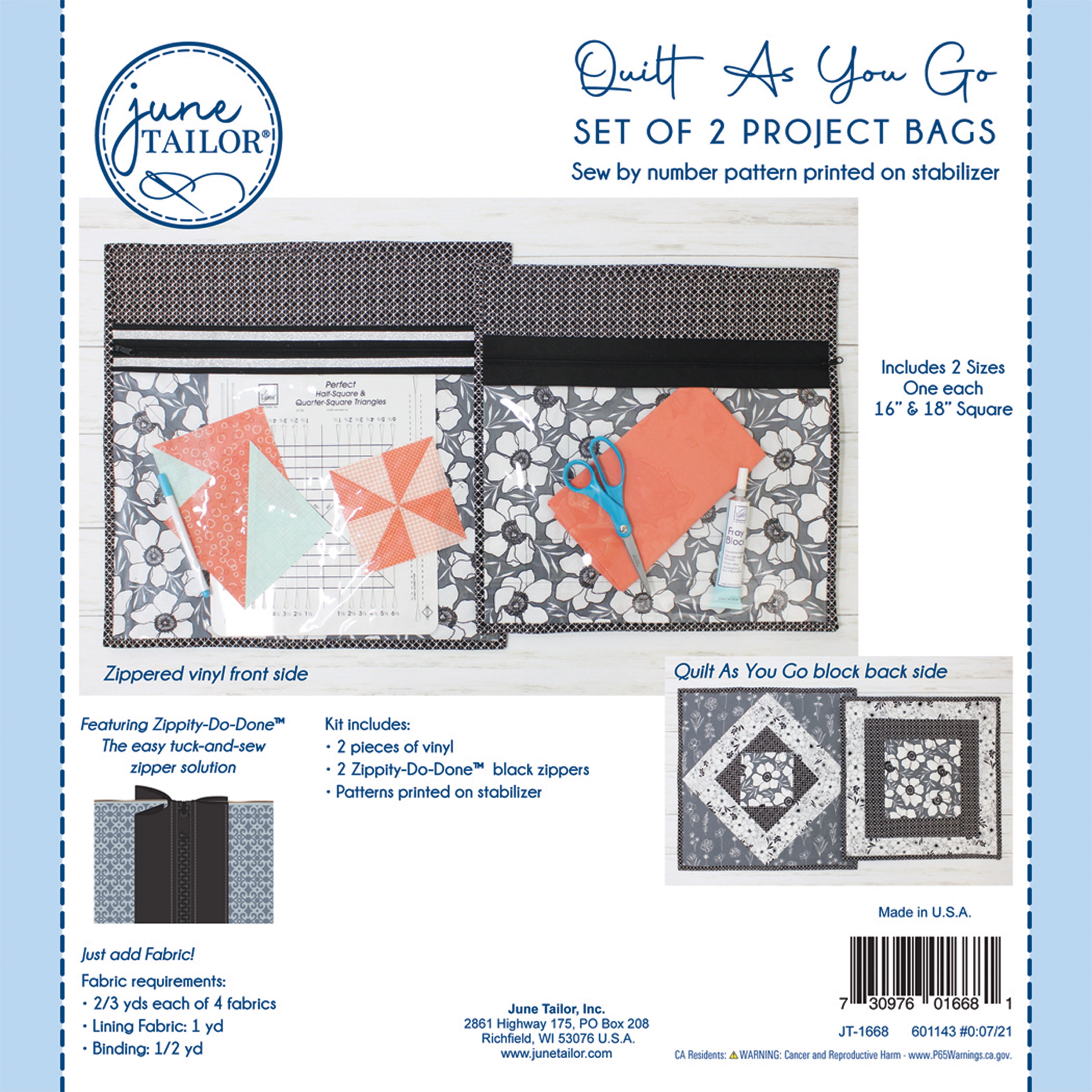June Tailor Quilt As You Go Project Bag Kit-Black Zippity-Do-Done(TM ...