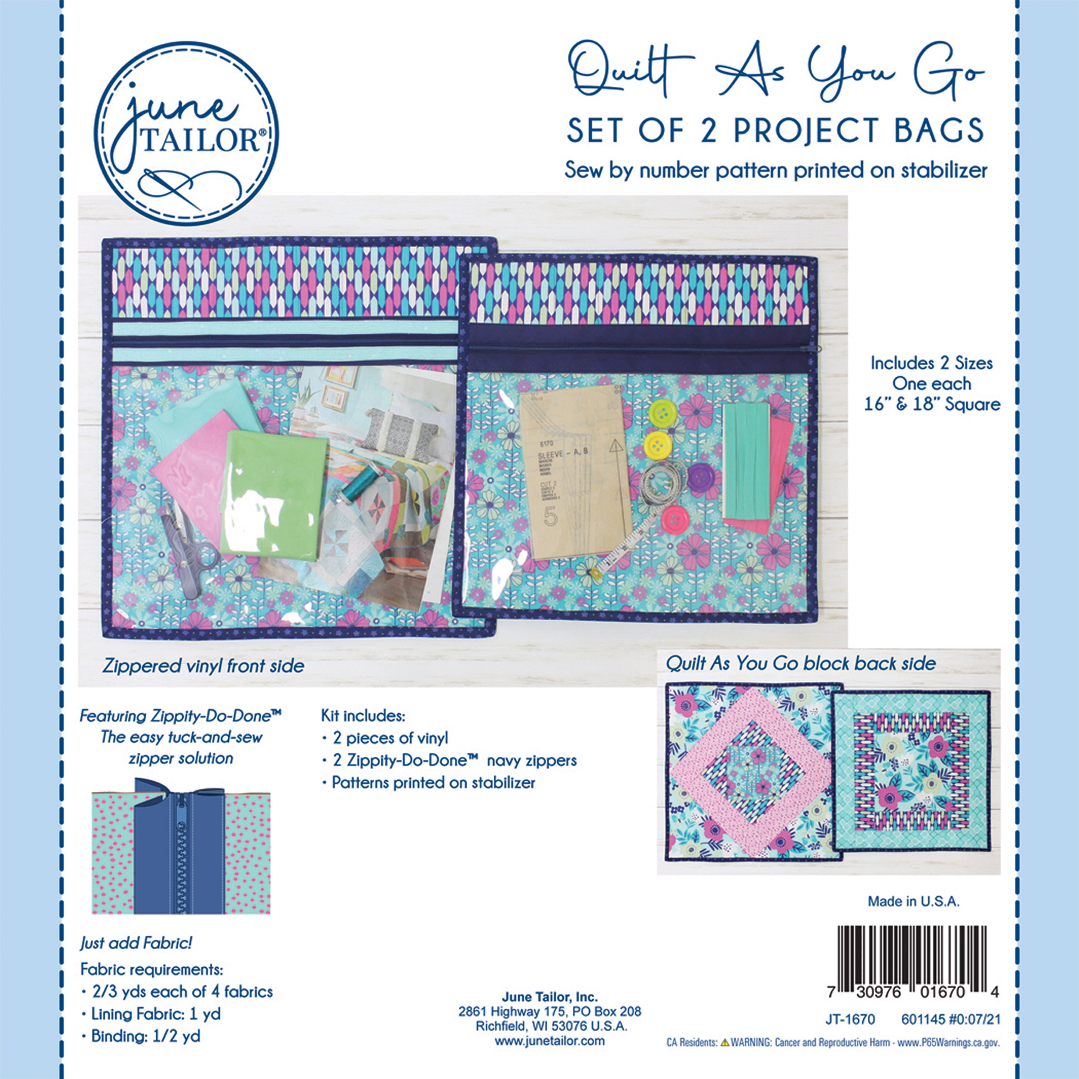 June Tailor Quilt As You Go Project Bag Kit-Navy Zippity-Do-Done(TM ...