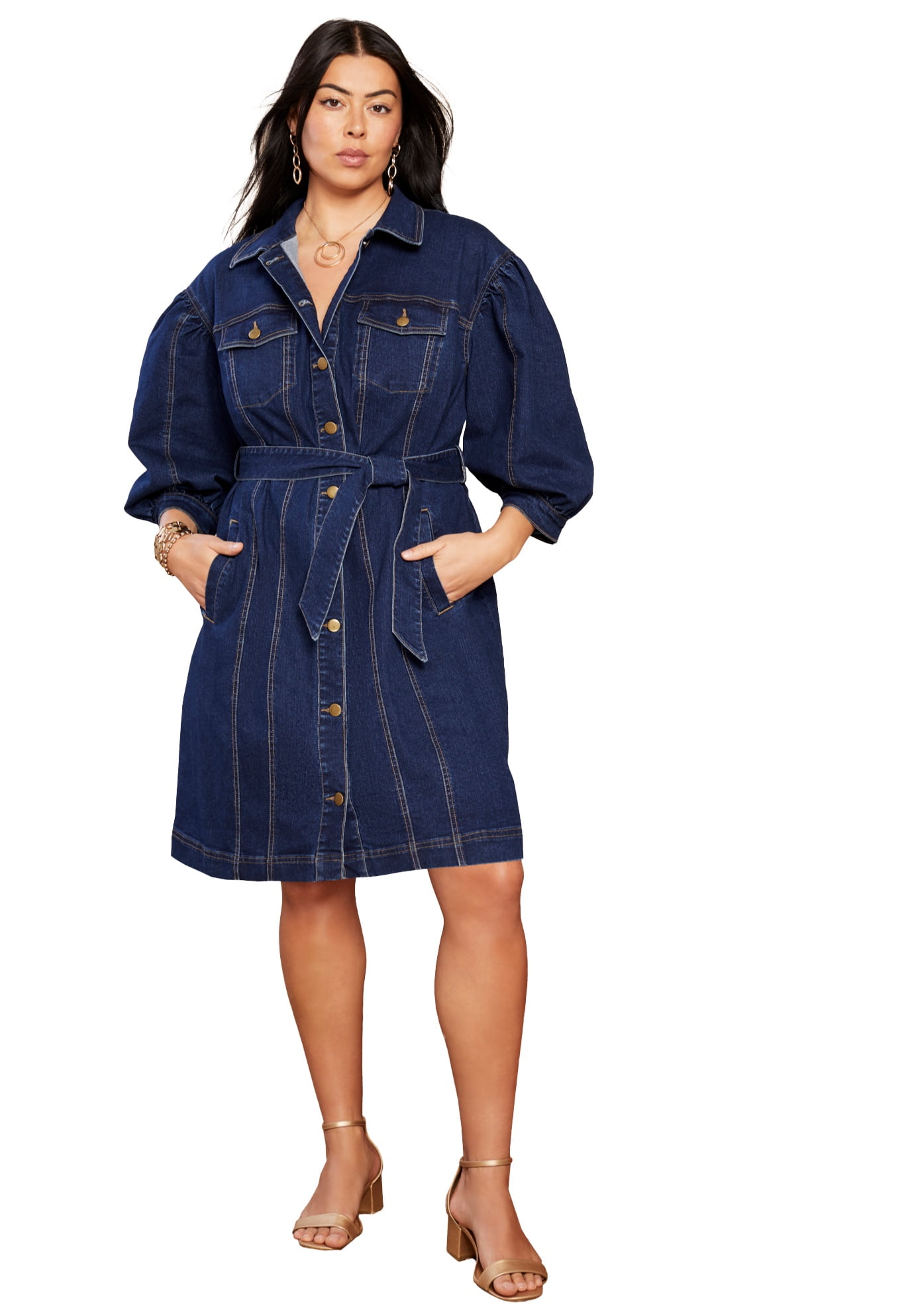 June + Vie Women's Plus Size Denim Shirtdress - Walmart.com