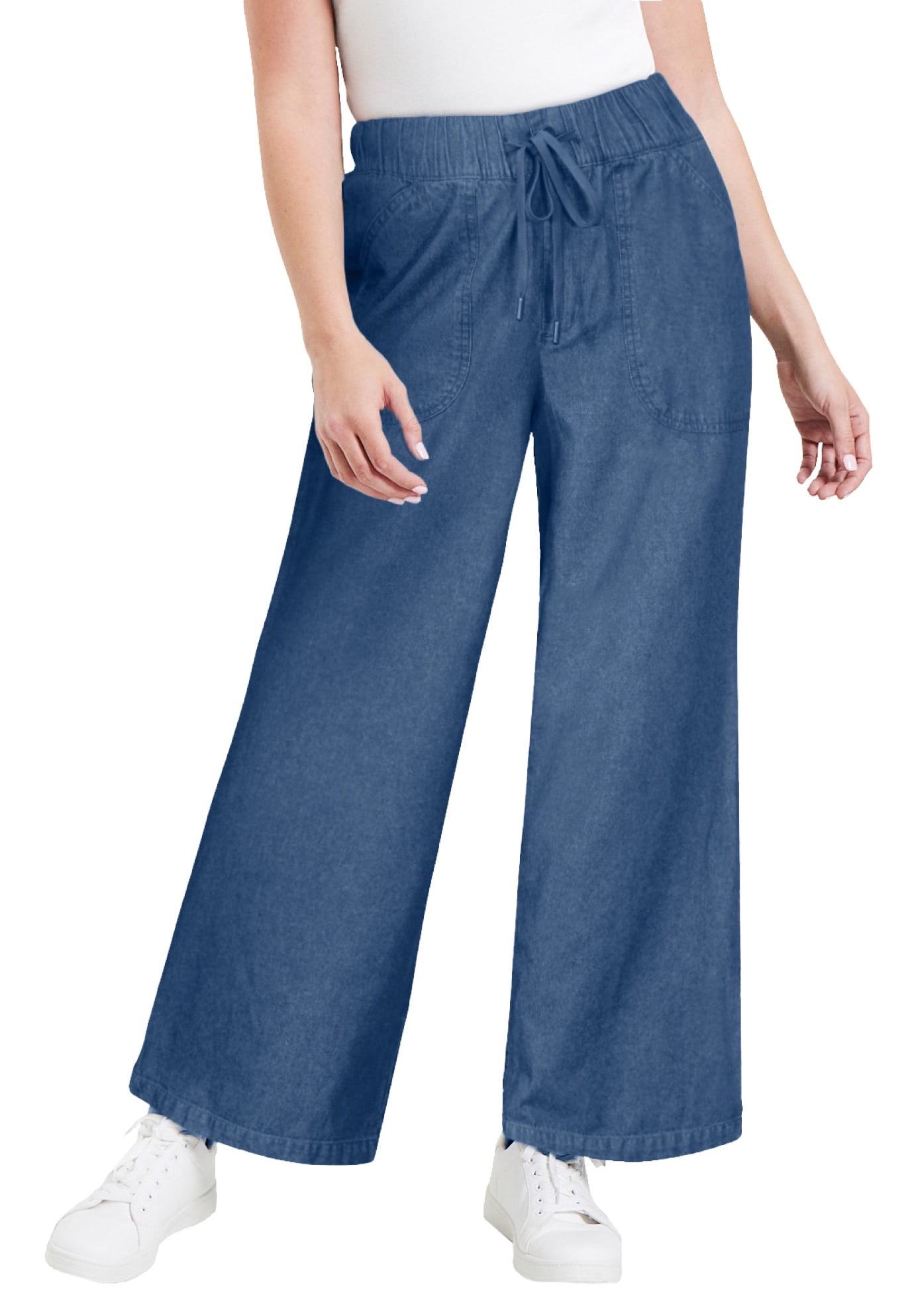 June + Vie Women's Plus Size Drawstring Denim Wide-Leg Bottoms ...