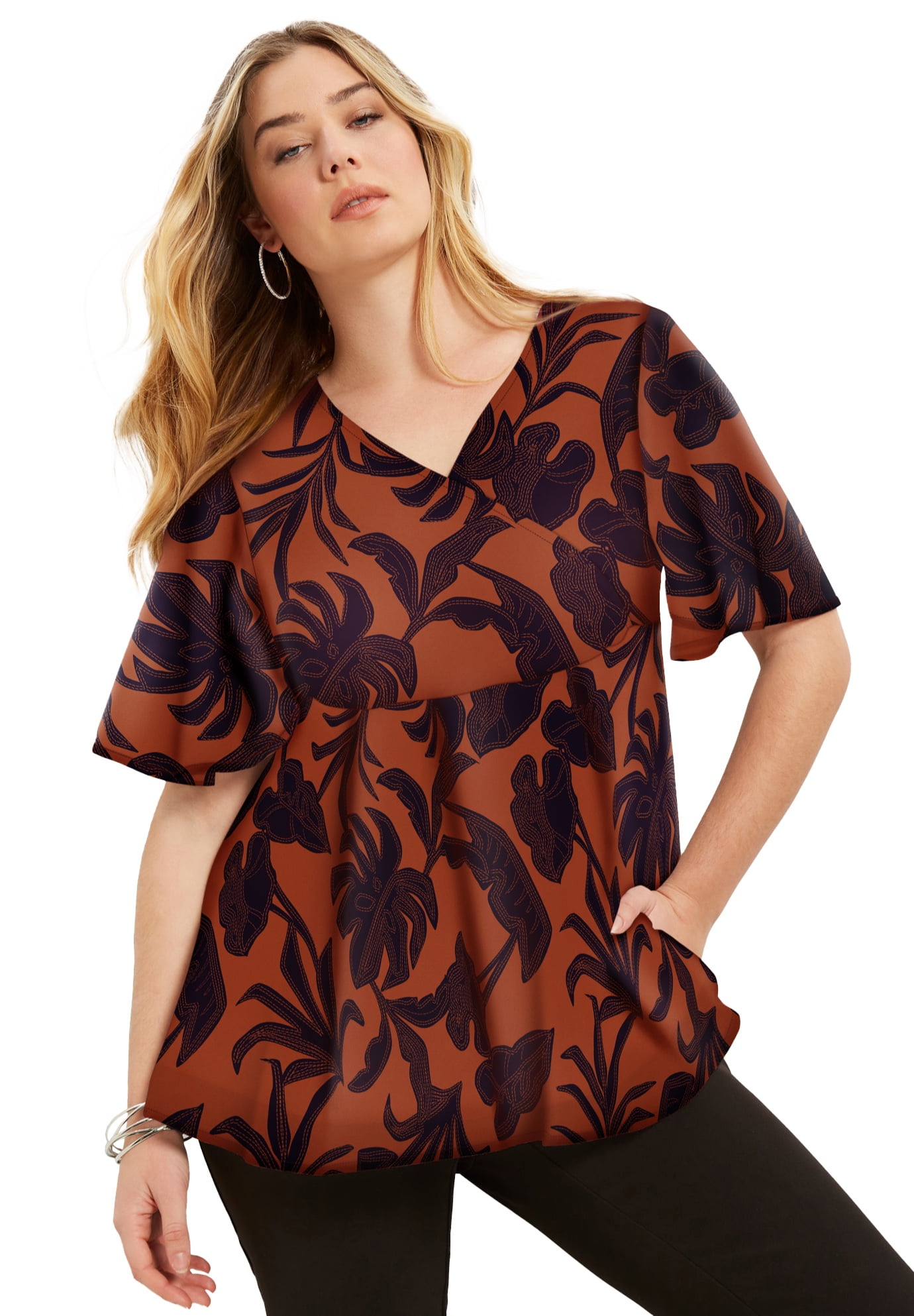June + Vie Women's Plus Size Faux Wrap Fit-And-Flare Top - Walmart.com