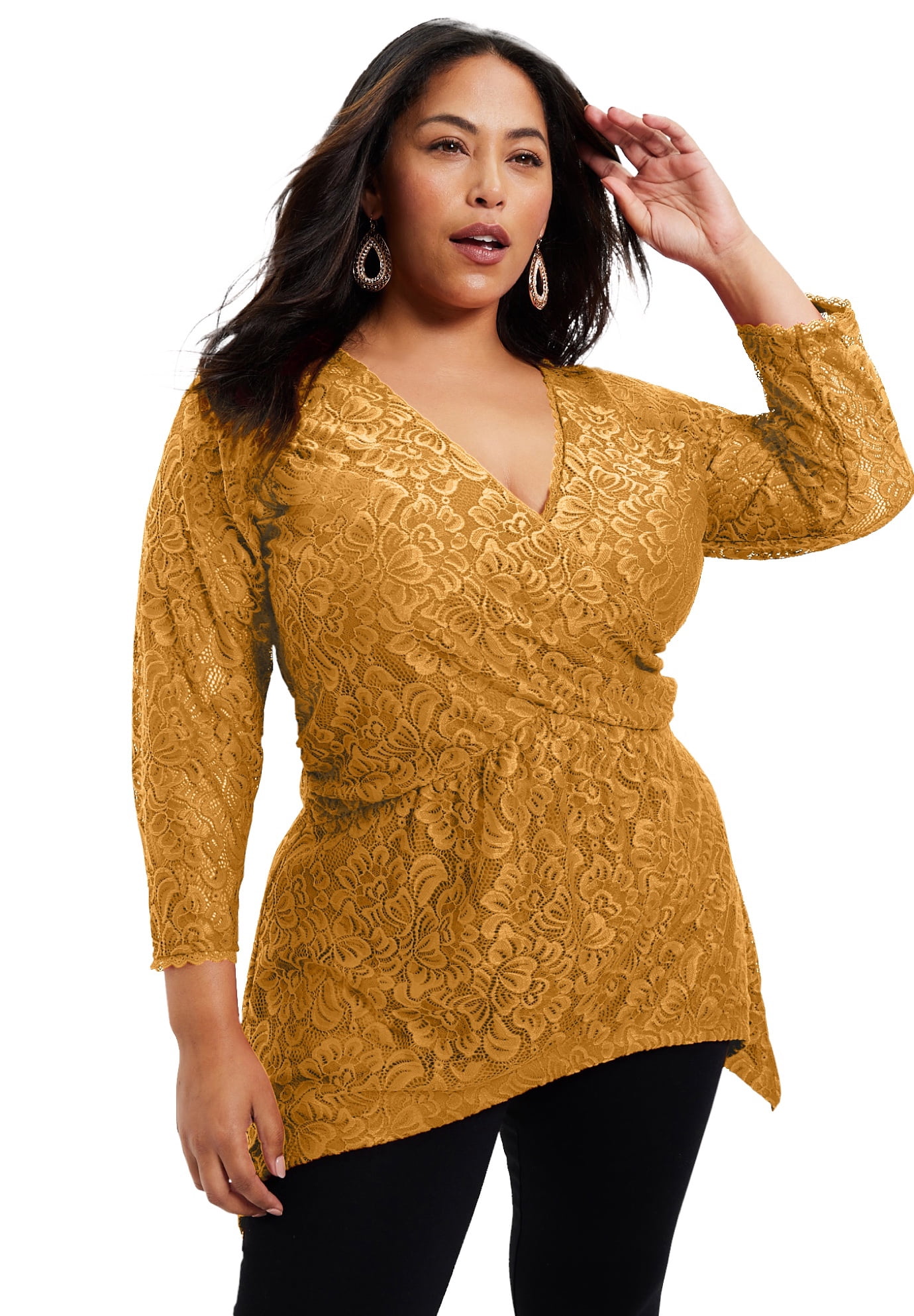 June + Vie Women's Plus Size Faux Wrap Lace Top - Walmart.com