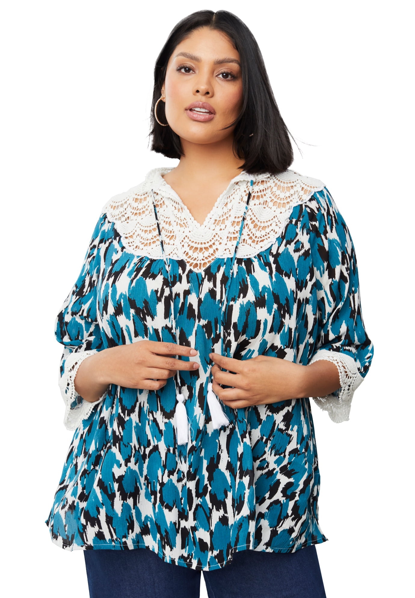 June + Vie Women's Plus Size Lace-Trim Crinkle Blouse - Walmart.com