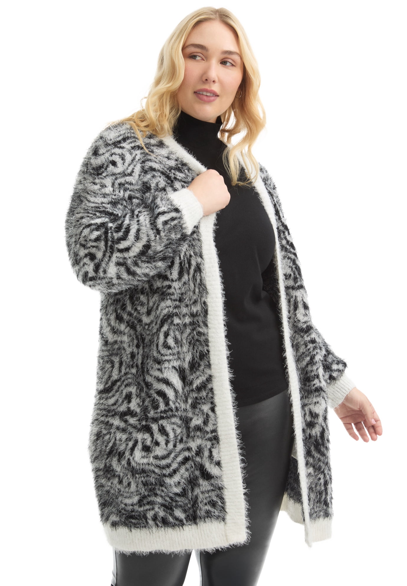 June & Vie Women's Plus Size Leopard-Print Eyelash Cardigan - Walmart.com