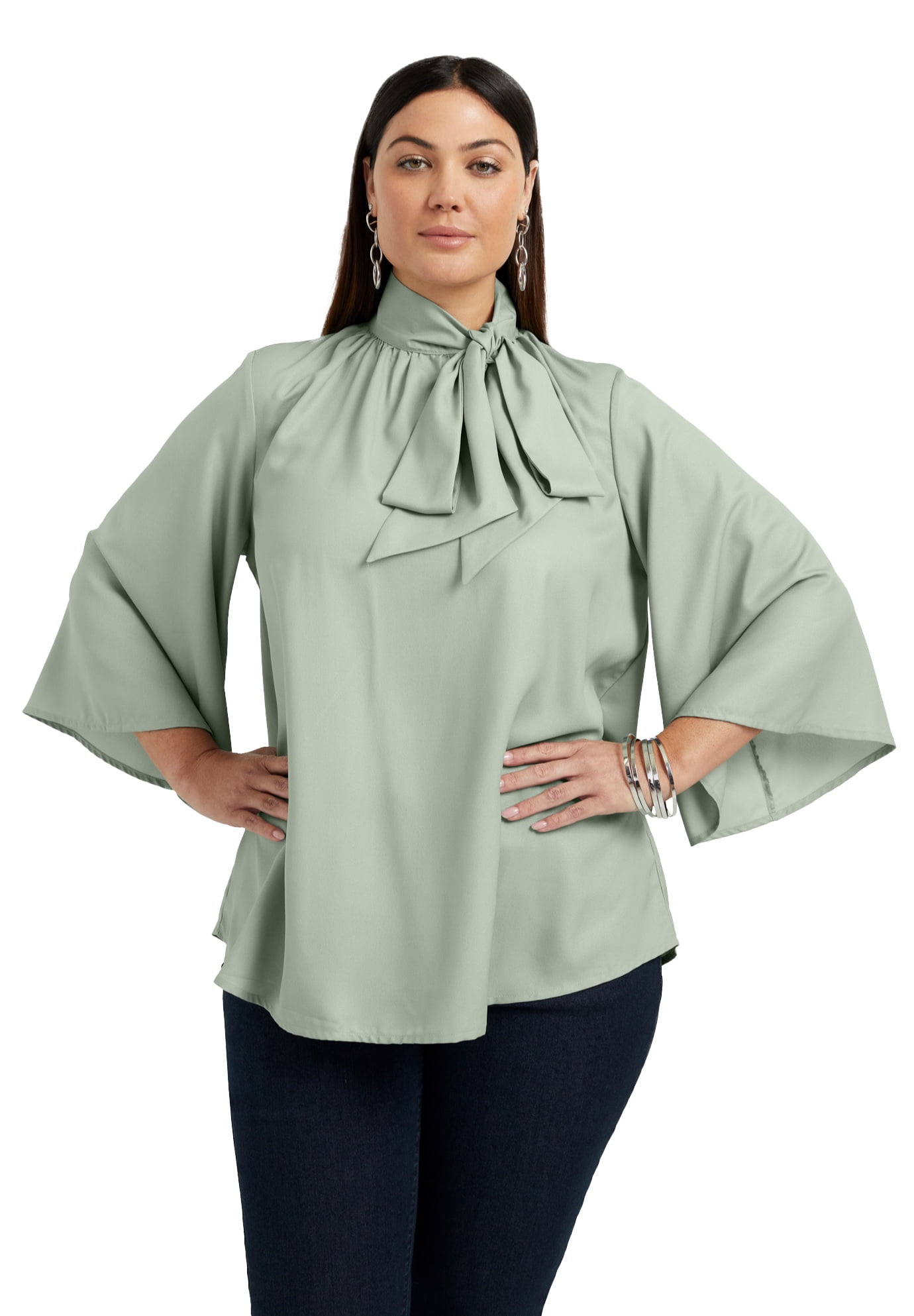 June + Vie Women's Plus Size Mock Tie Neck Blouse - Walmart.com