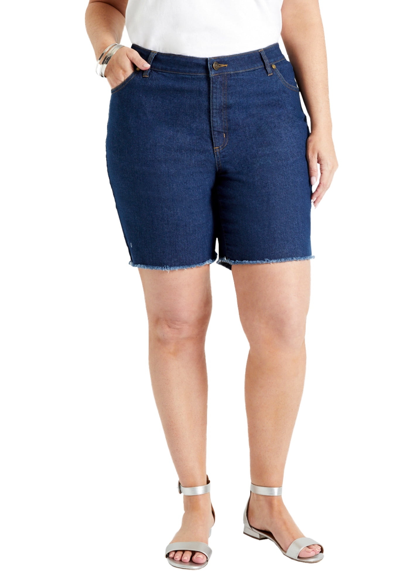 June + Vie Women's Plus Size Raw Hem Curvie Fit Denim Shorts - Walmart.com