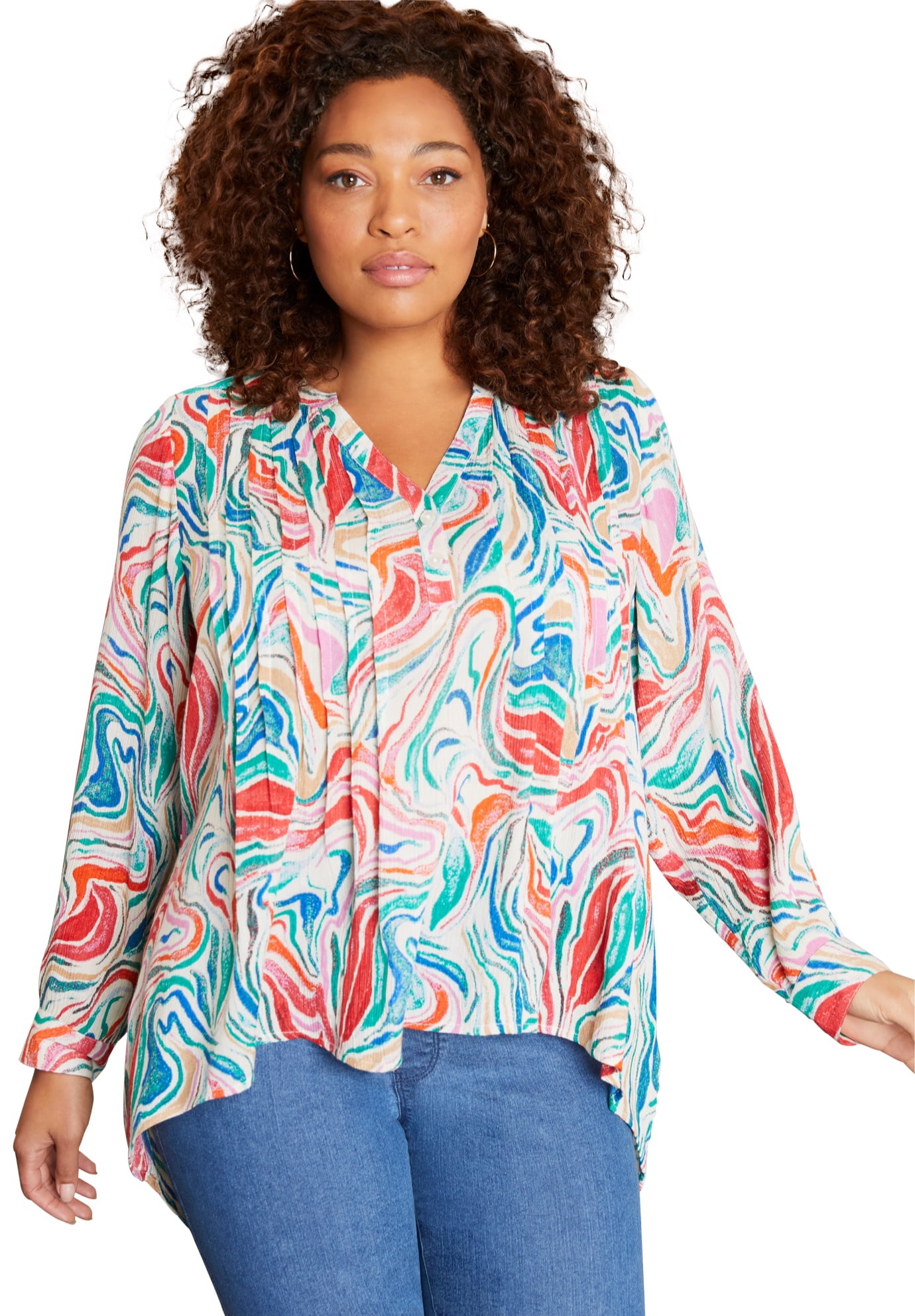June + Vie Women's Plus Size Roll-Tab Popover Tunic - Walmart.com