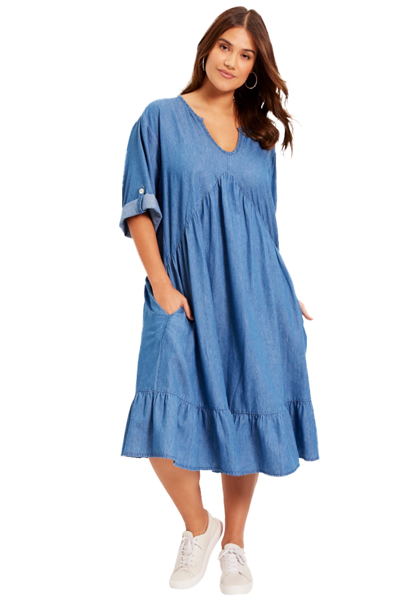 June & Vie Women's Plus Size Ruffled Denim Dress - Walmart.com