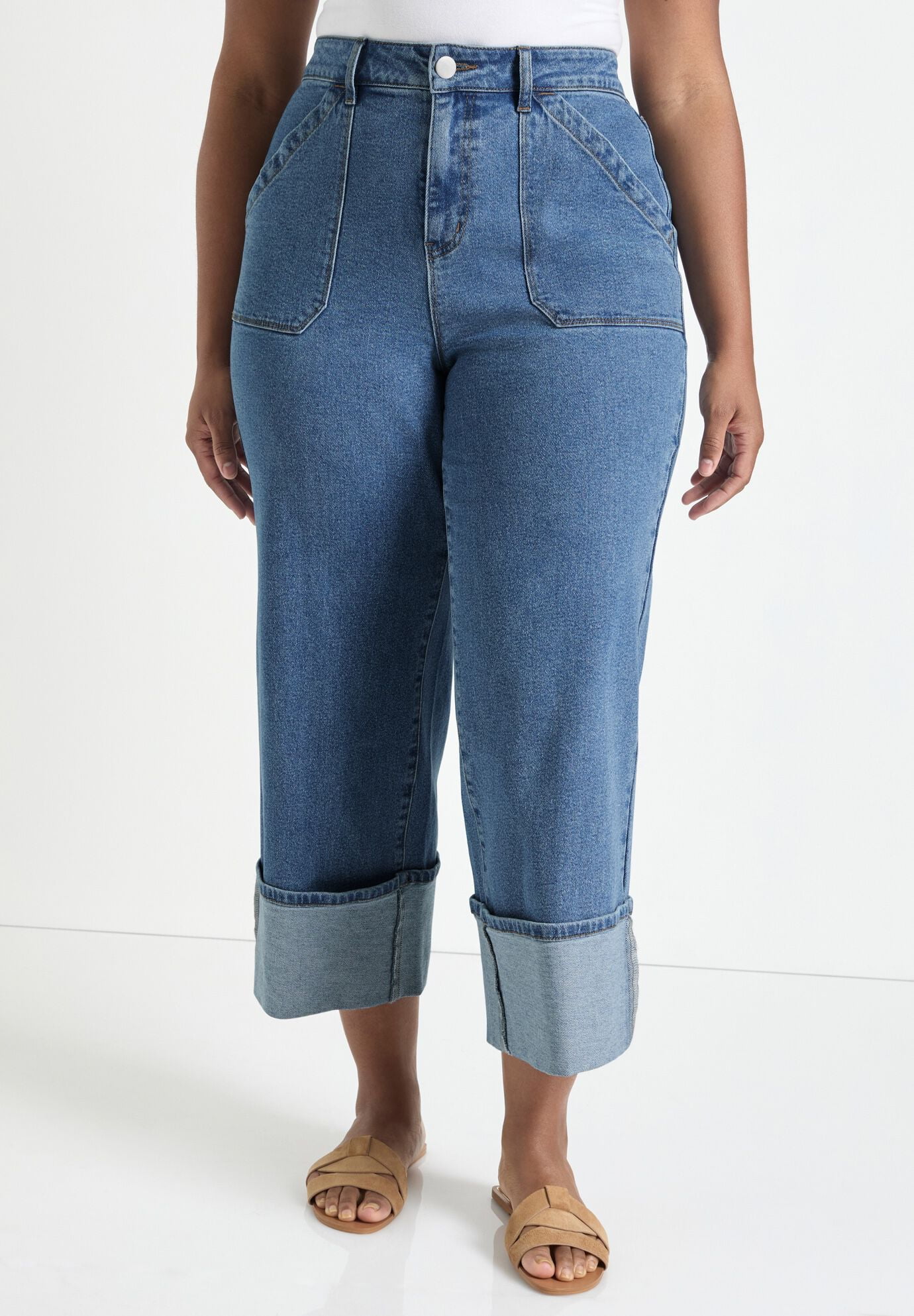 June + Vie Women's Plus Size Wide-Leg Cropped Cuffed Jeans - Walmart.com