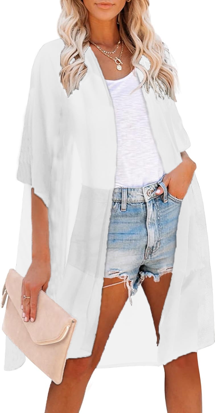 JuneFish Women's Beach Kimono, Sheer Chiffon Swimwear Cover Up, Bathing ...