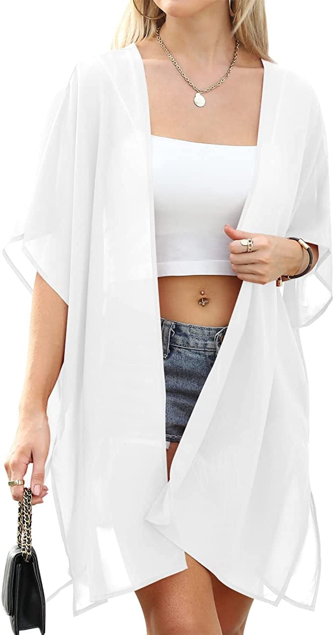 JuneFish Open Front Women's Beach Kimono, Sheer Chiffon Swimsuit Cover ...