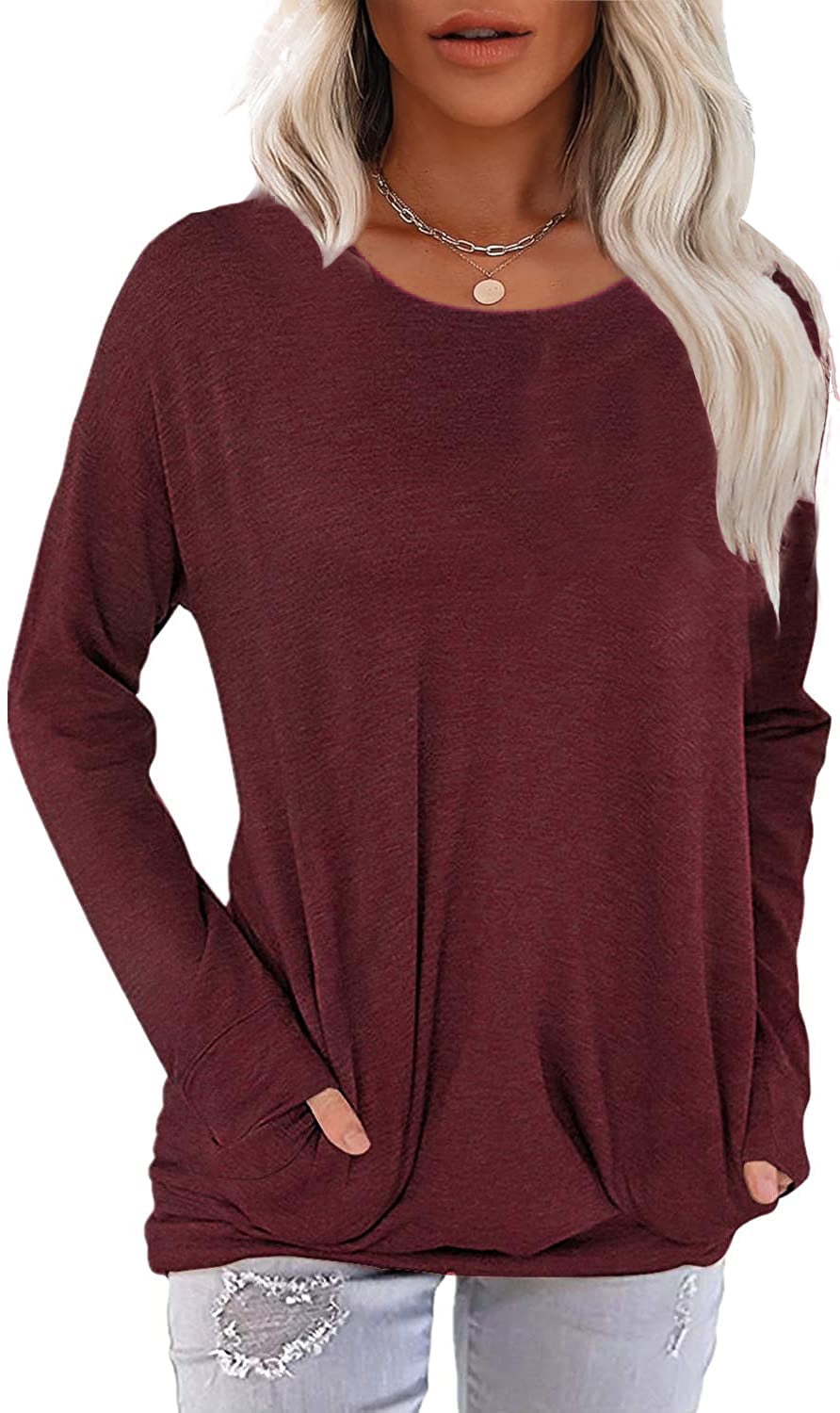 JuneFish Women's Casual Long Sleeve Tunic Tops, Loose Fit Blouses with ...